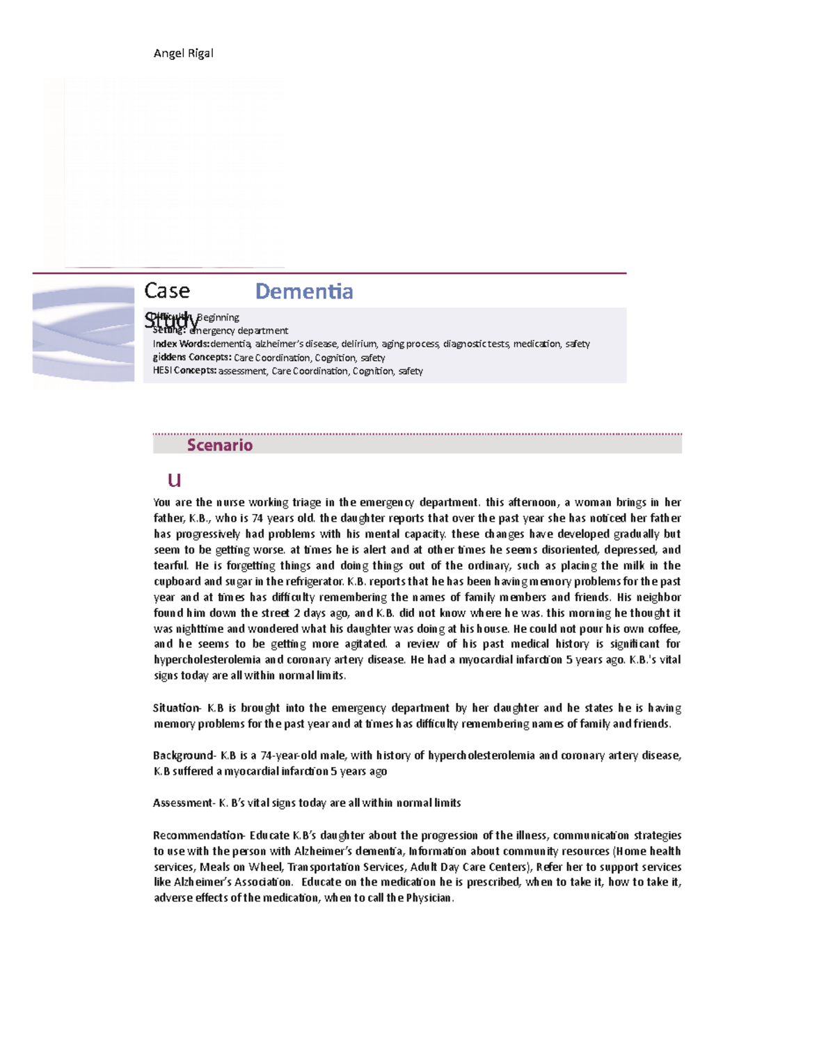 Dementia Case Study: Assessment and Management Strategies for K. - Studocu