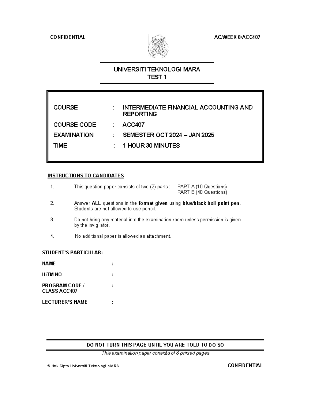 ACC407 TEST 1: INTERMEDIATE FINANCIAL ACCOUNTING & REPORTING - Studocu