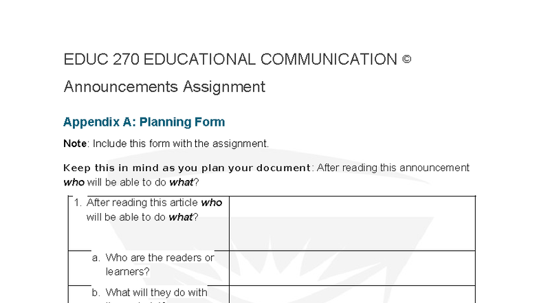 EDUC 270 Announcements Assignment: Planning Form Appendix A - Studocu