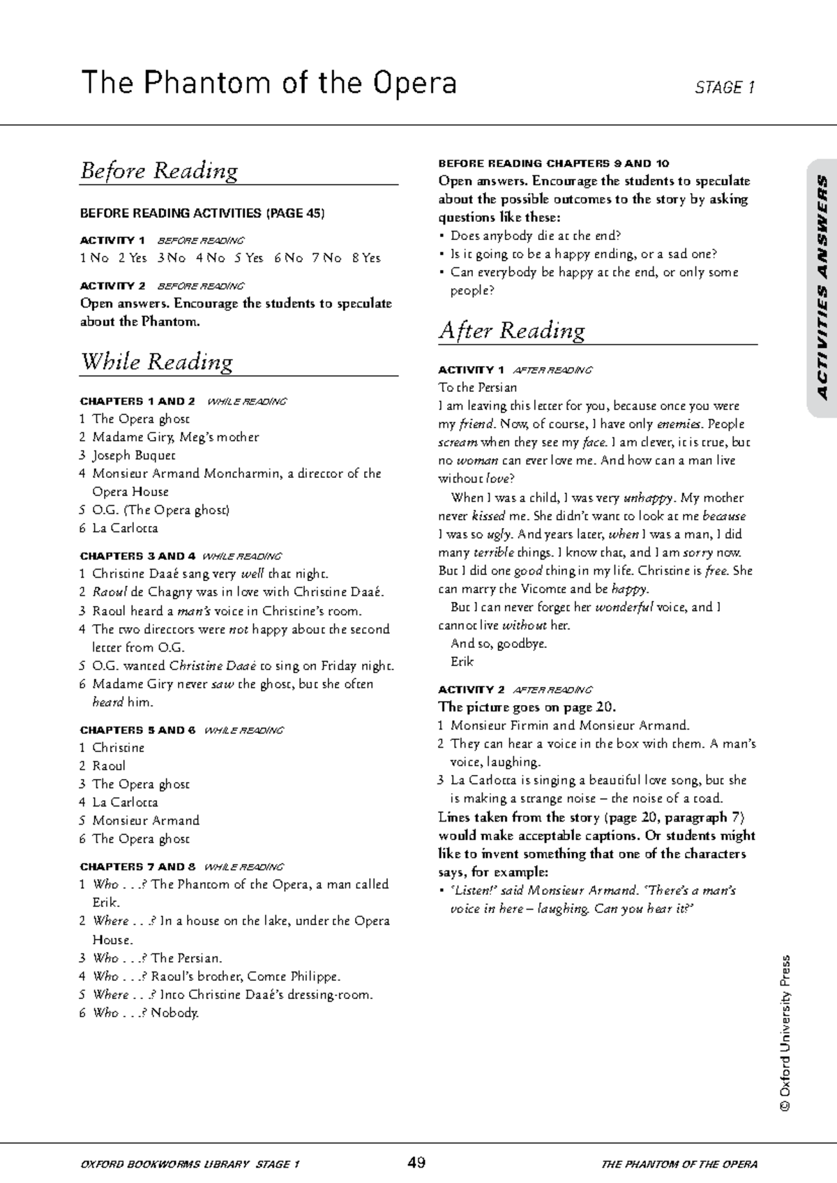 The Phantom of the Opera: Before Reading Chapters 9 & 10 Activities ...