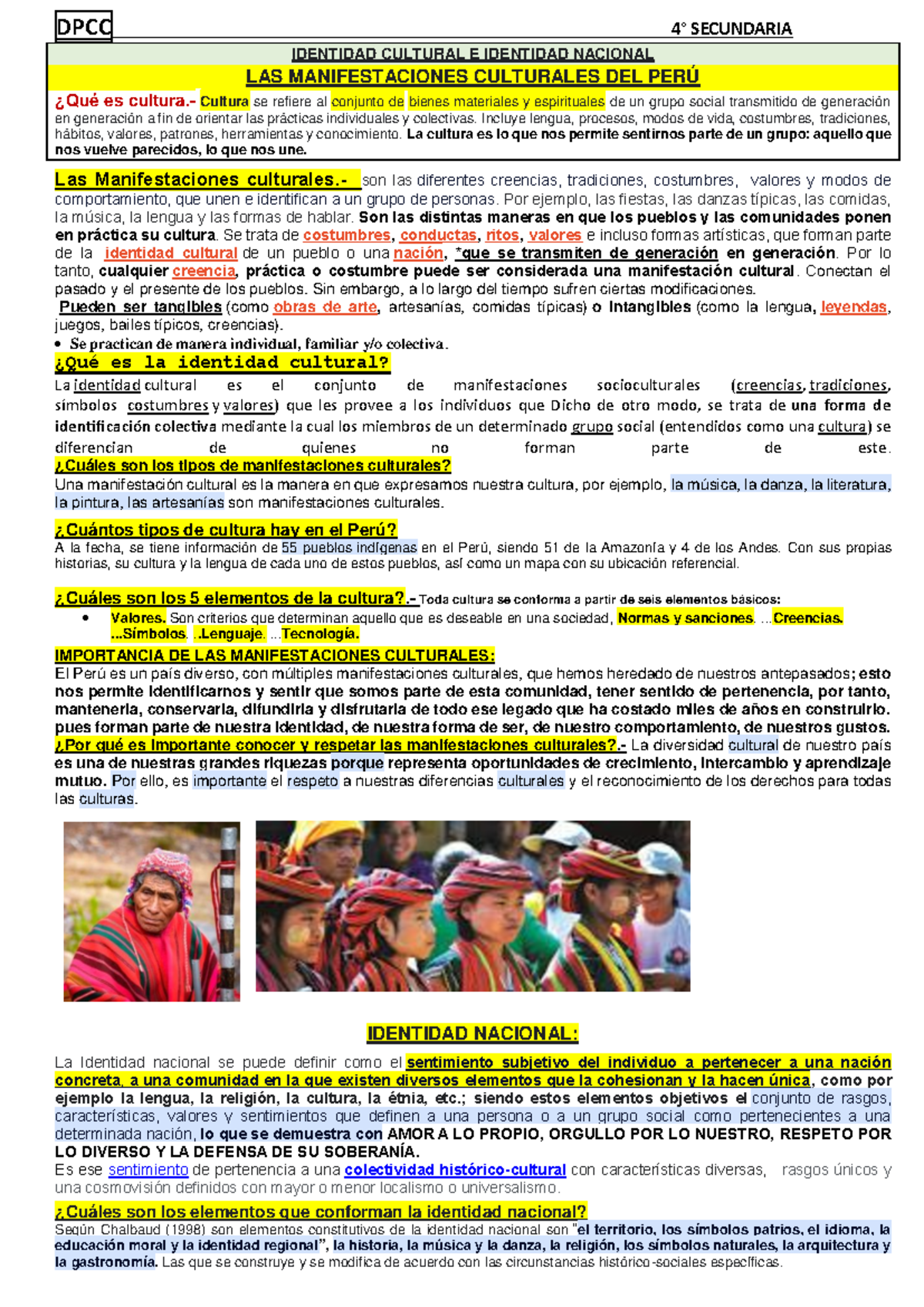 Ficha - Identidad Cultural E Identidad Nacional - DPCC 4° SECUNDARIA IDENTIDAD CULTURAL E ...