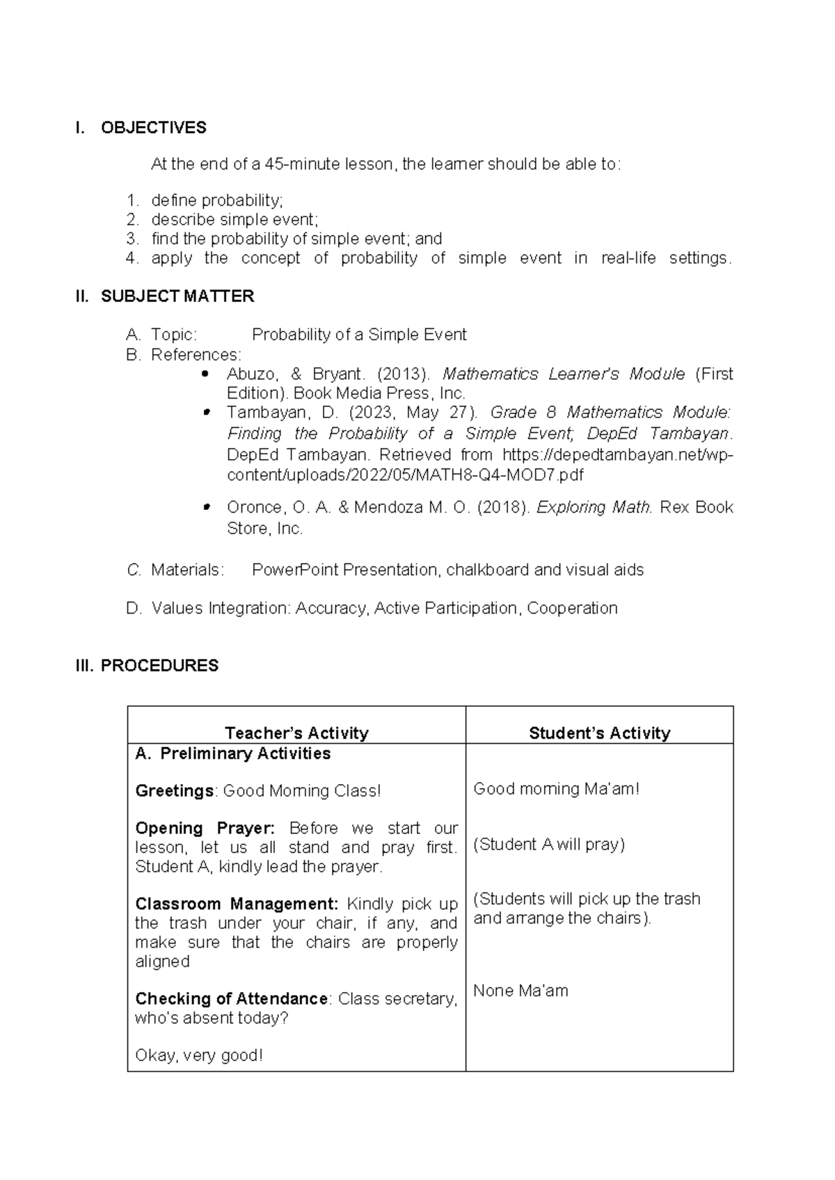 Probability of Simple Events: Lesson Plan and Activities - Studocu
