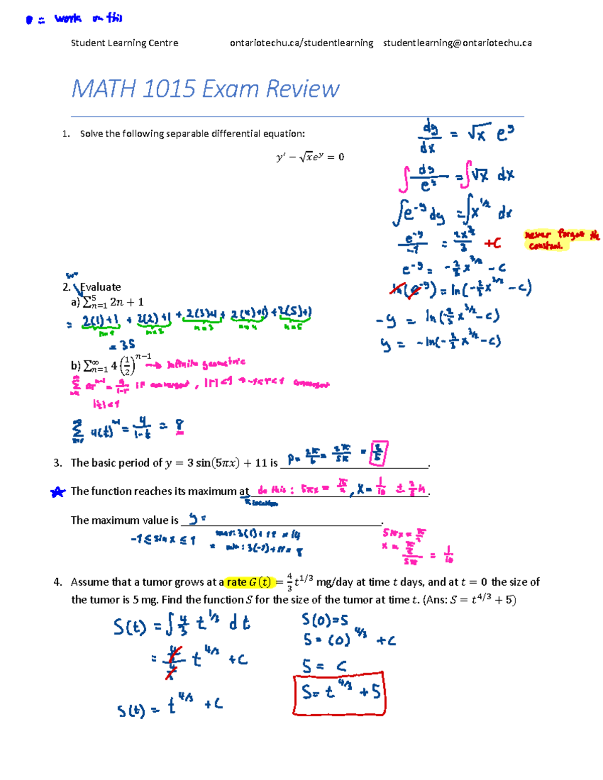 Exam Review-1 - math practice - Student Learning Centre ontariotechu ...