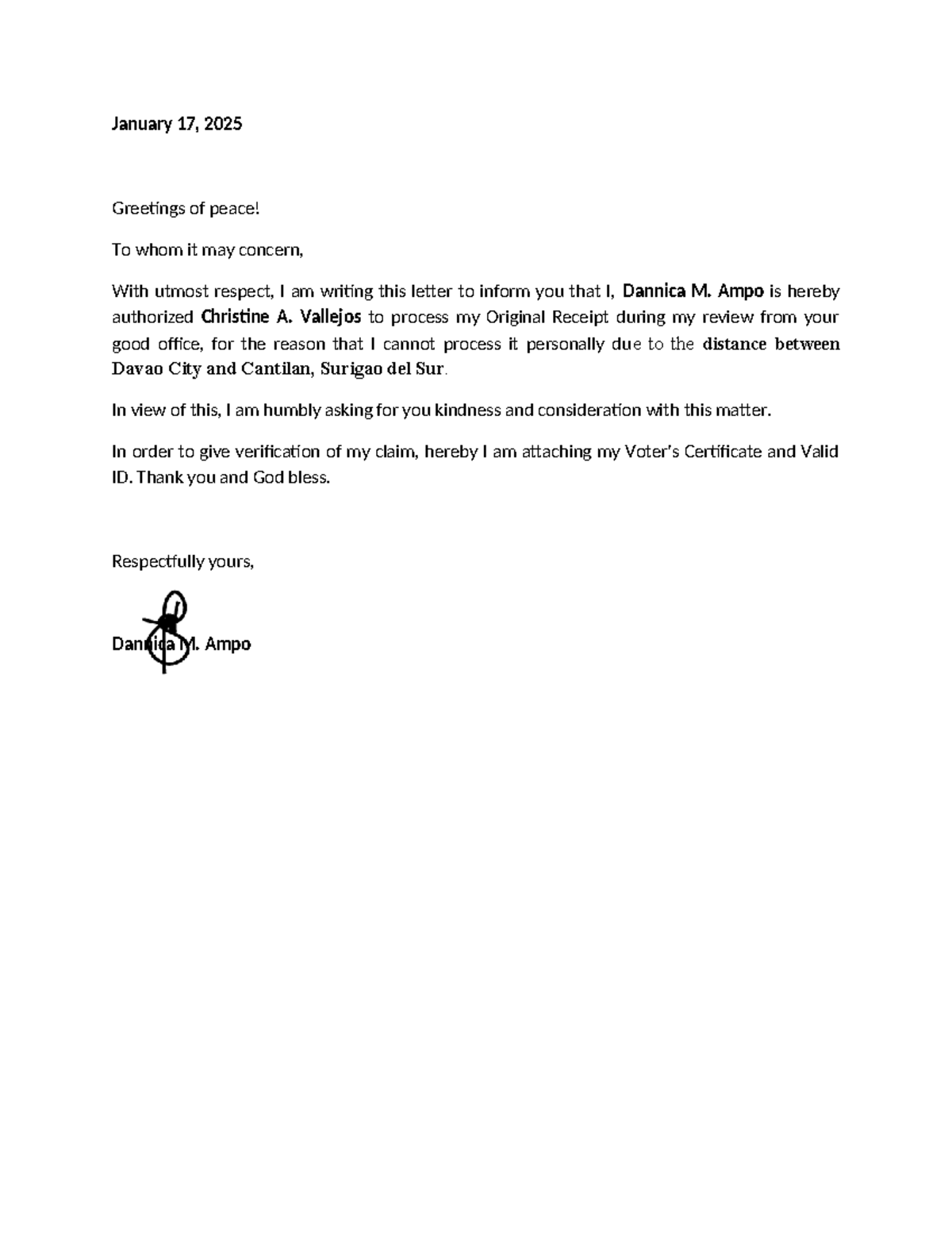OR Authorization Letter - Dannica M. Ampo - Studocu