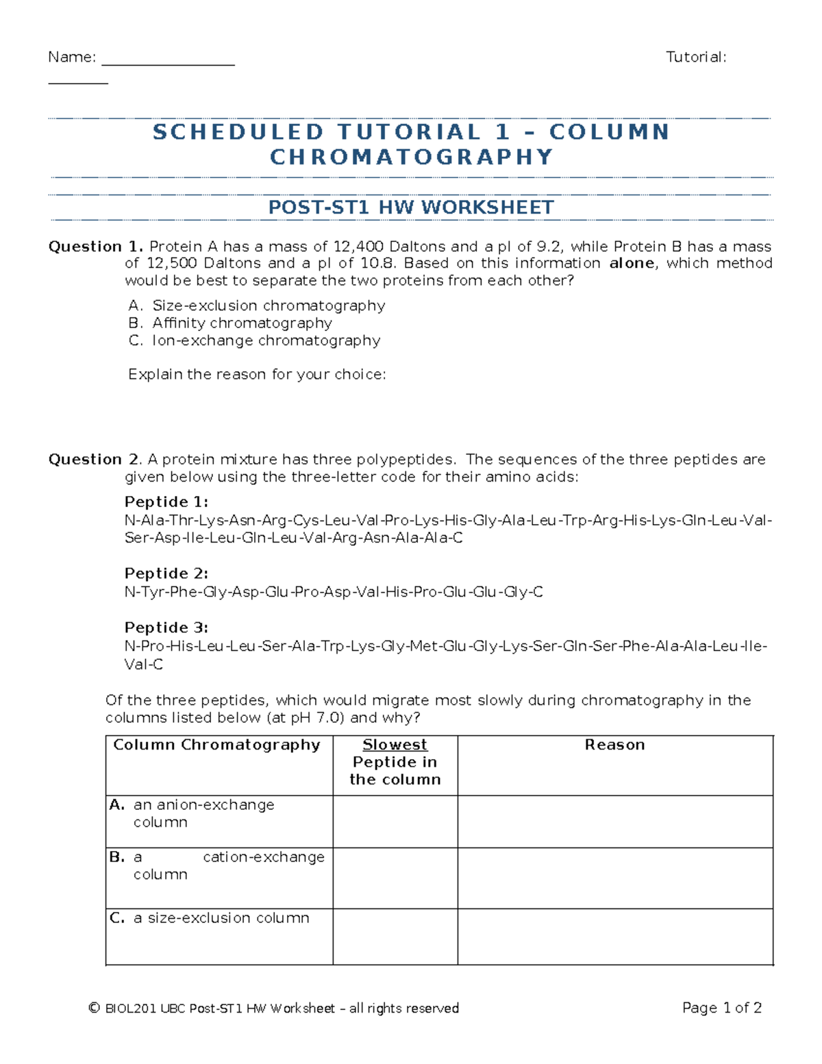 BIOL201 UBC HW: Column Chromatography Tutorial Worksheet - Studocu