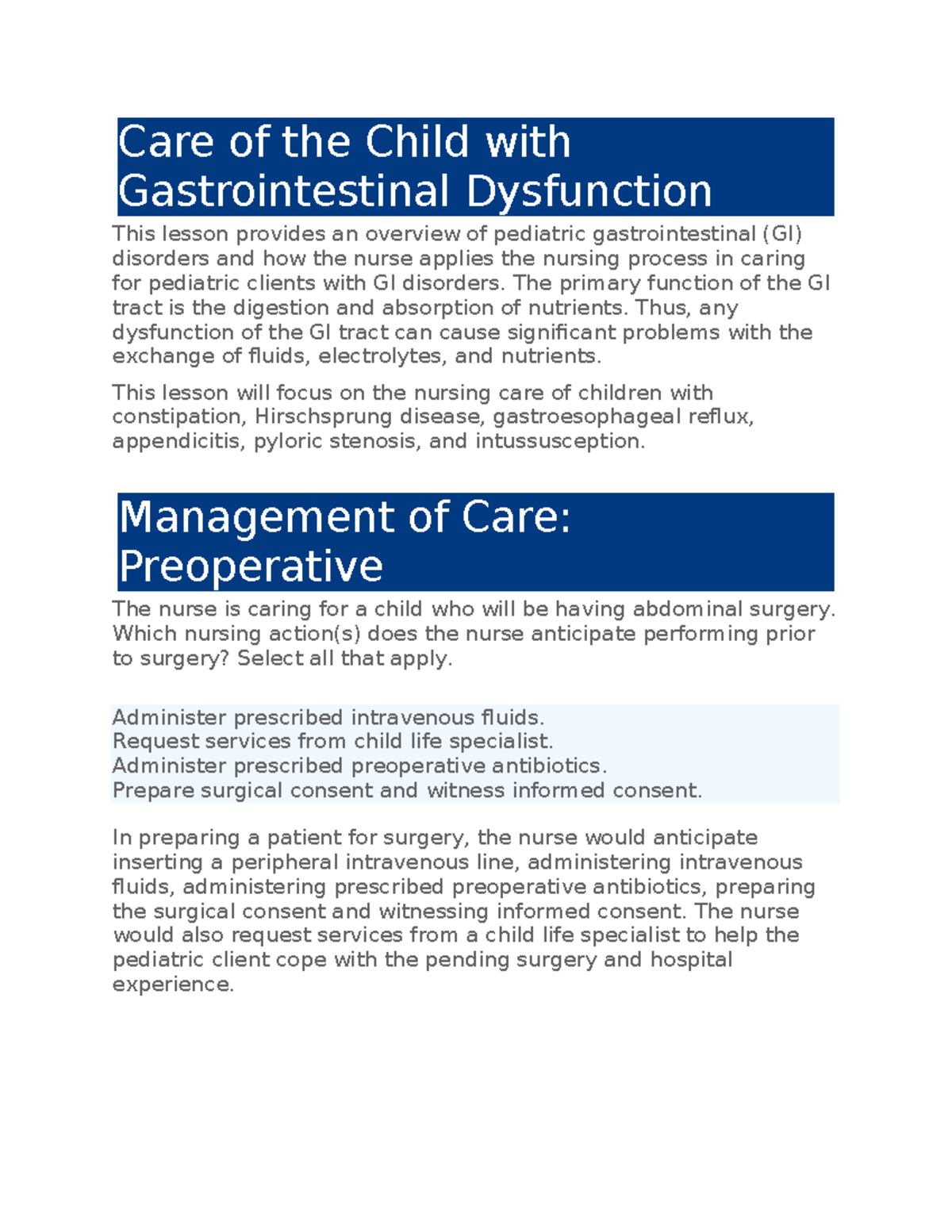 NR 328 Peds Edapt Week 4: Nursing Care for Pediatric GI Disorders - Studocu