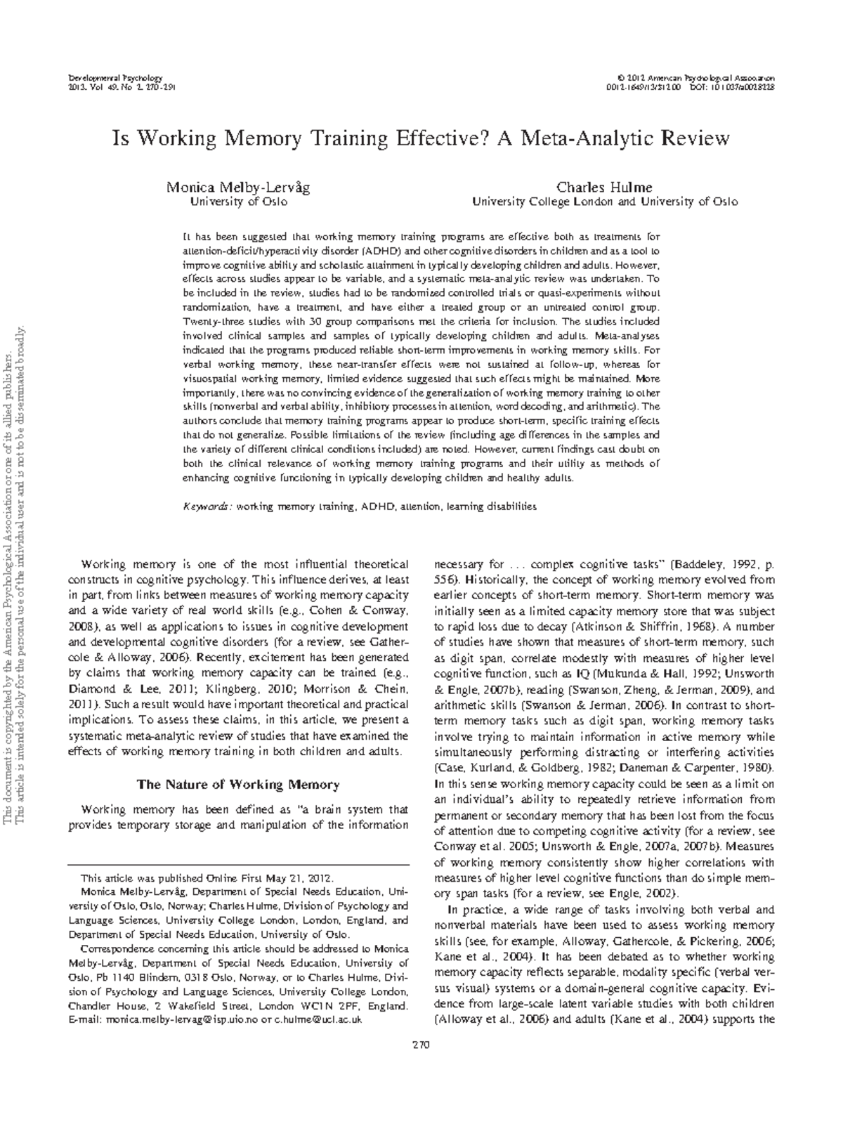 Meta-Analytic Review of Working Memory Training Effectiveness - Studocu
