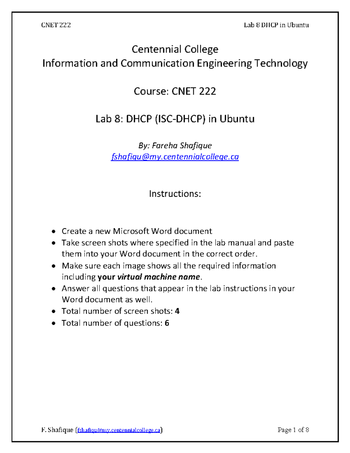 CNET Lab 8: DHCP Configuration in Ubuntu - Lab Manual Guide - Studocu