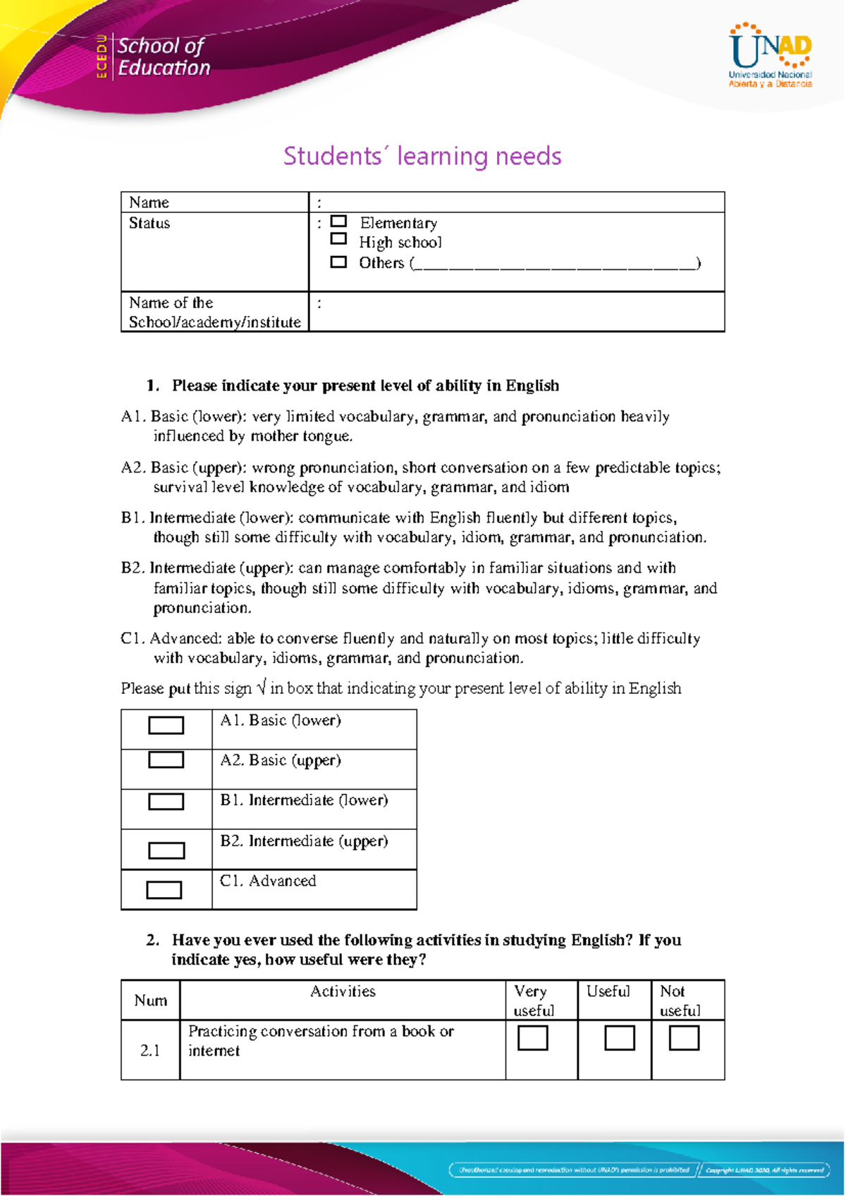 Student Learning Needs Questionnaire: A323448 - Studocu
