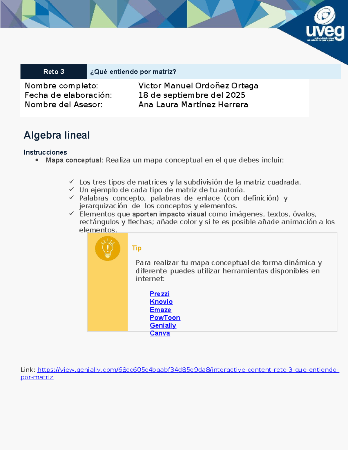 Reto 3: Mapa Conceptual sobre Tipos de Matrices - Álgebra Lineal UVEG ...