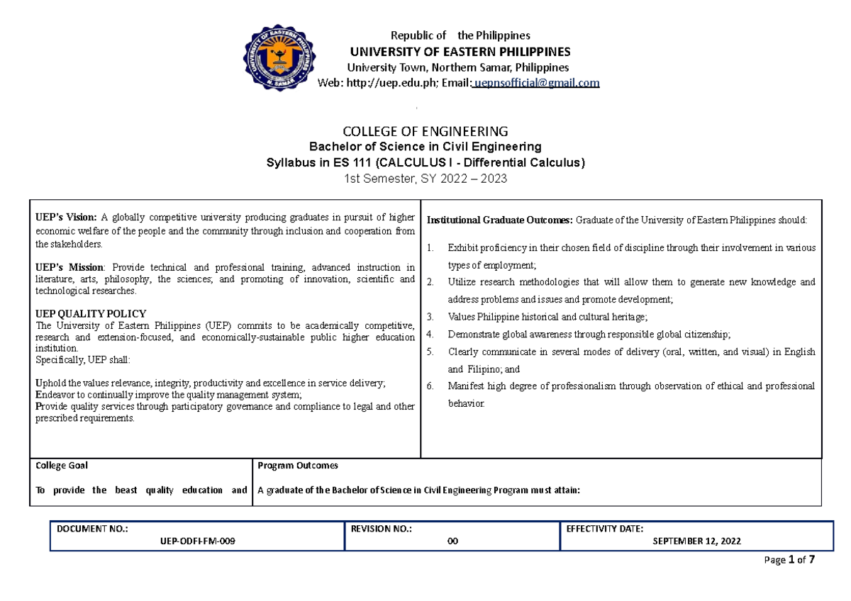 Syllabus for ES 111: Differential Calculus - 1st Sem 2022-2023 - Studocu