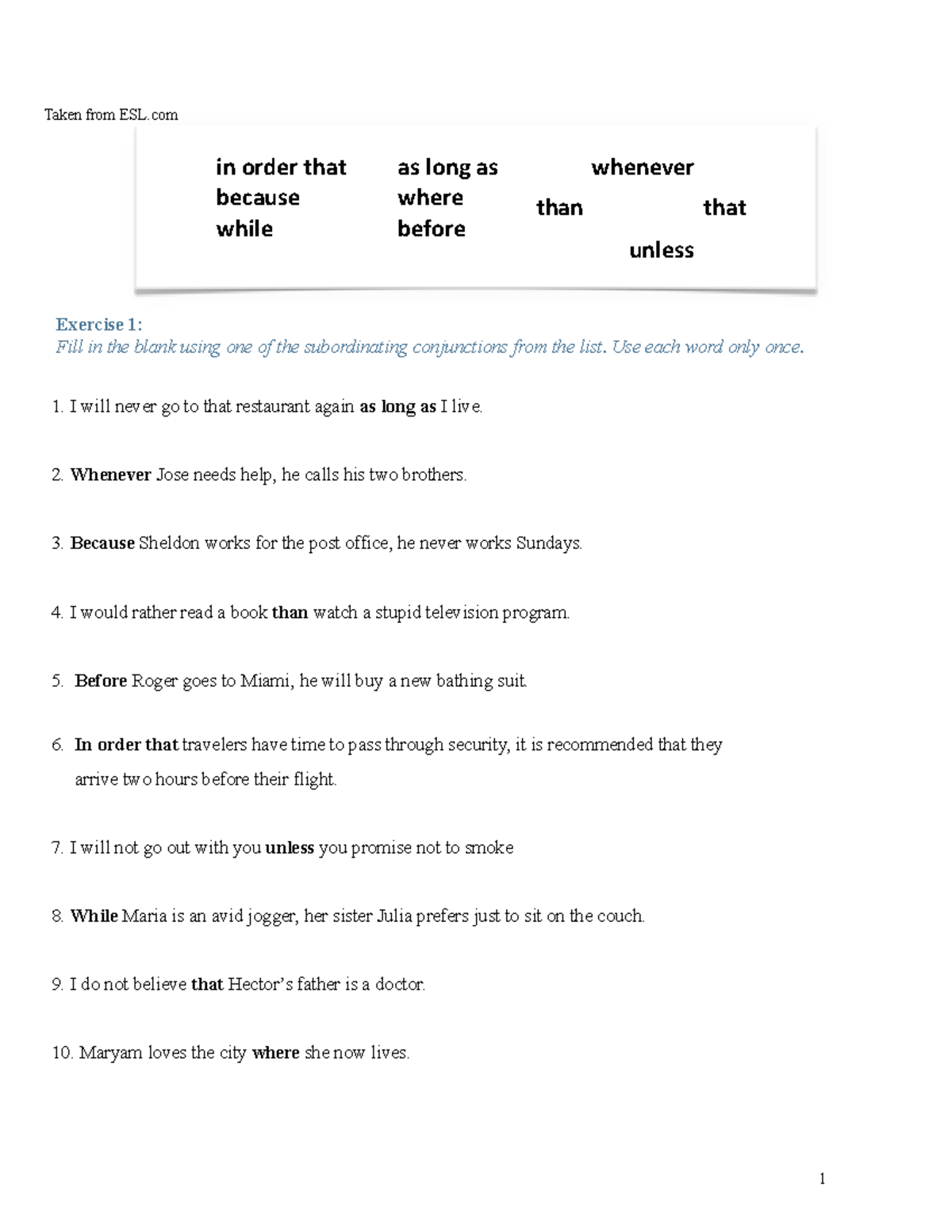 Subordinating Conjunctions: Exercises and Sentence Stems Guide - Studocu