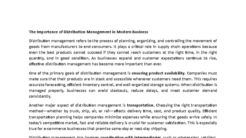 The Role of Distribution Management in Modern Business Success - Studocu