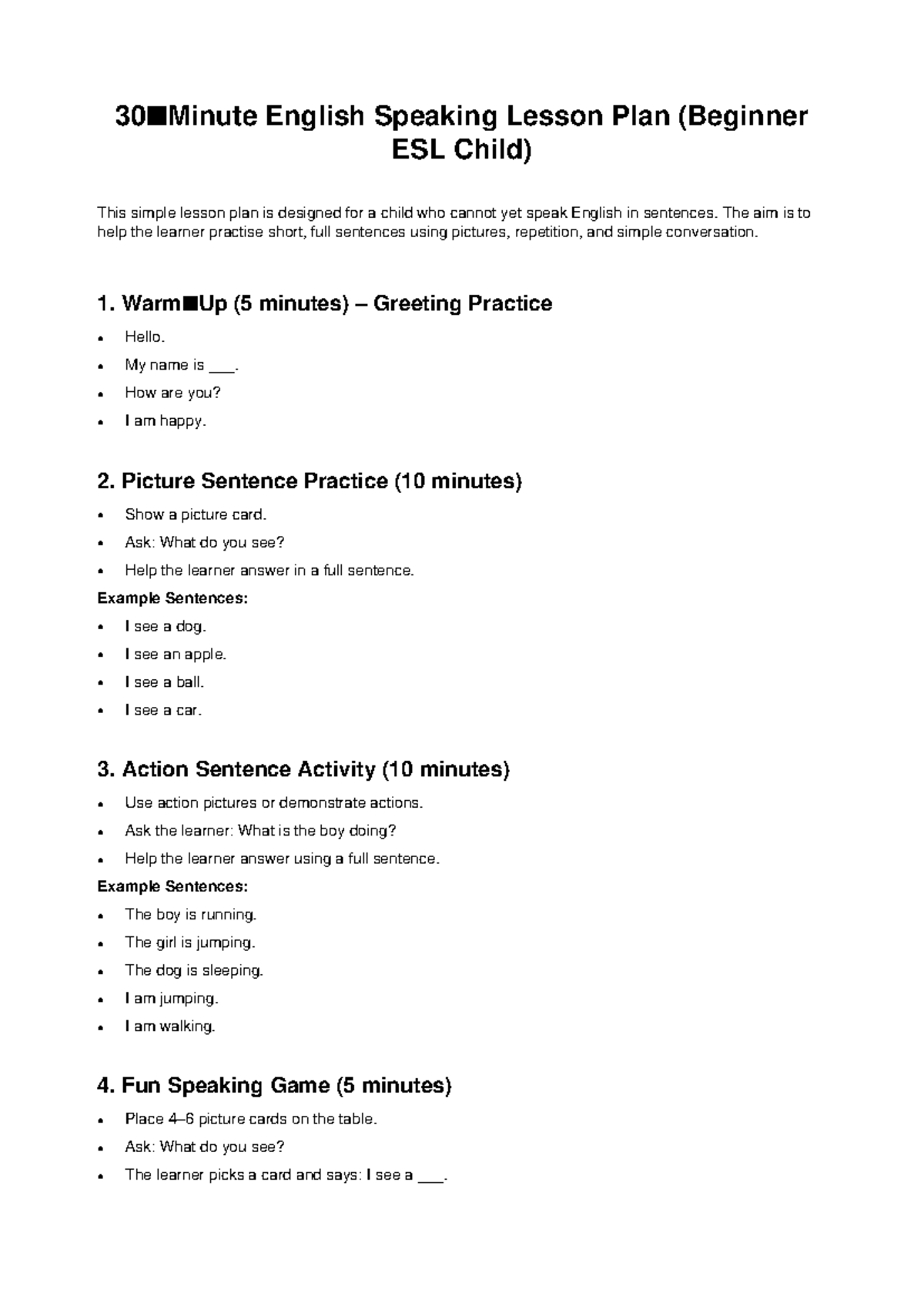 English Speaking Lesson Plan (Beginner ESL Child) - Studocu