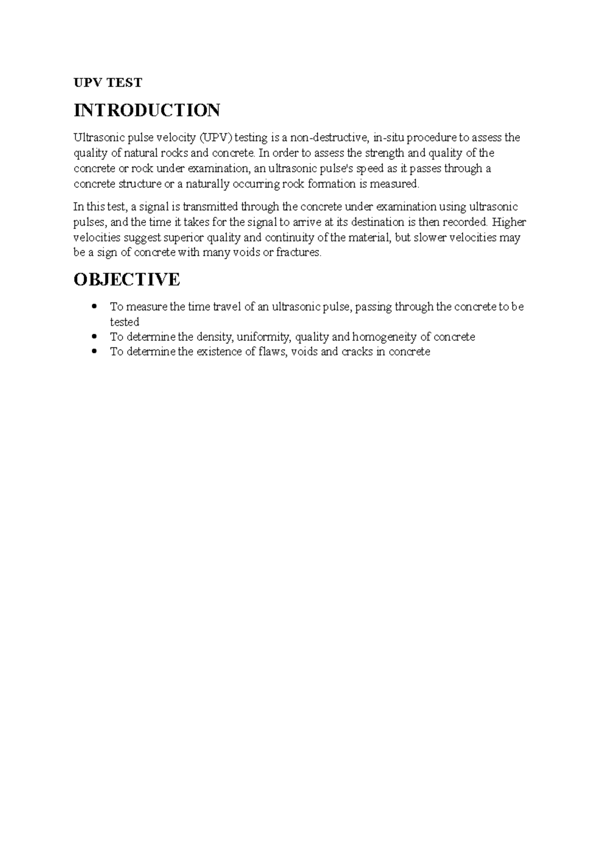 5BST110 UPV TEST - upv test - UPV TEST INTRODUCTION Ultrasonic pulse ...