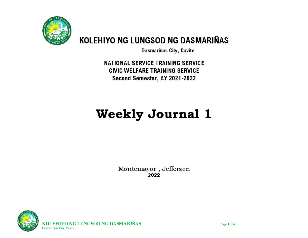 3 Weekly Journal 1 - notes - KOLEHIYO NG LUNGSOD NG DASMARIÑAS Page 1 ...