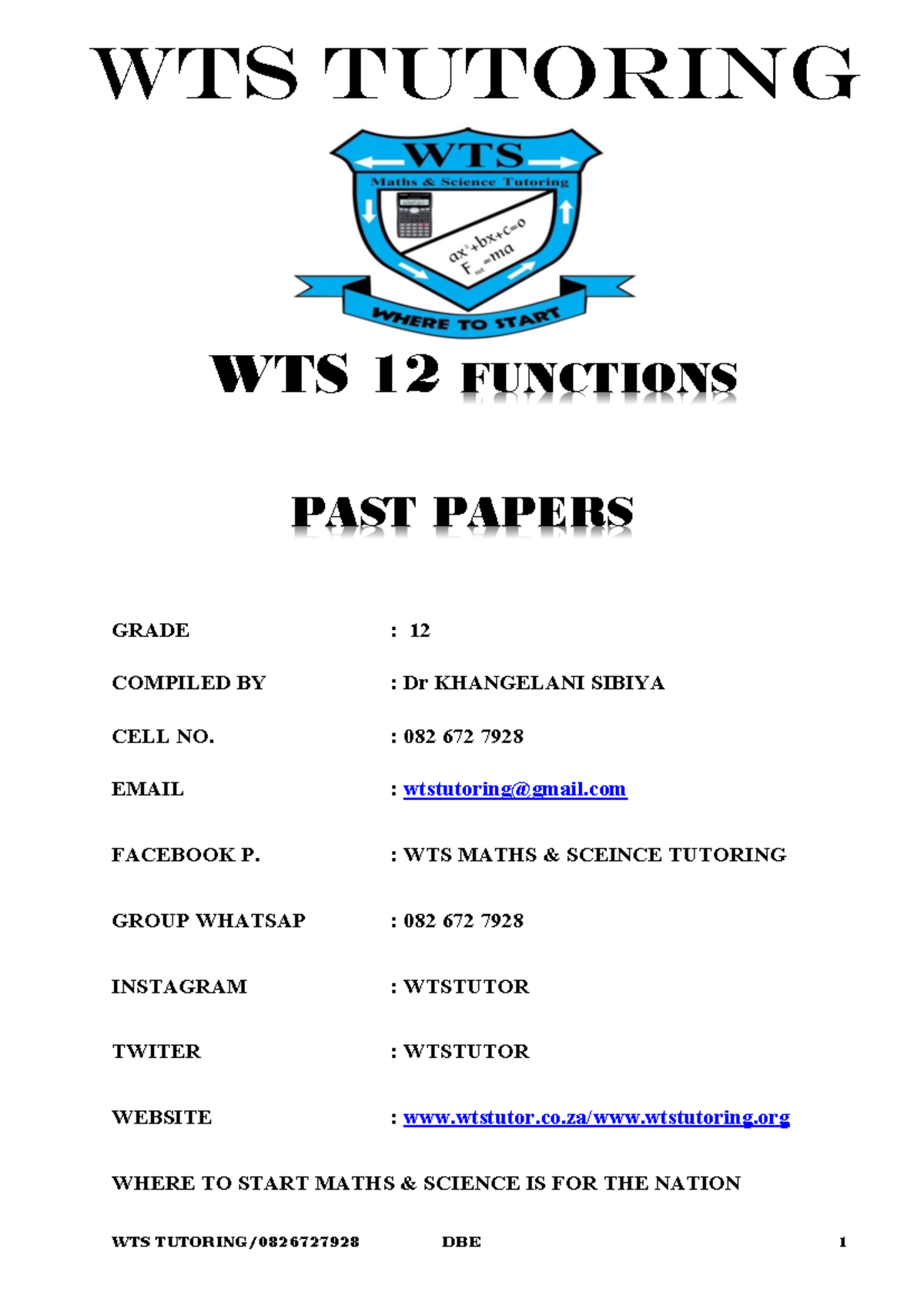 WTS 12 Functions Past Papers Review for Grade 12 Students - Studocu