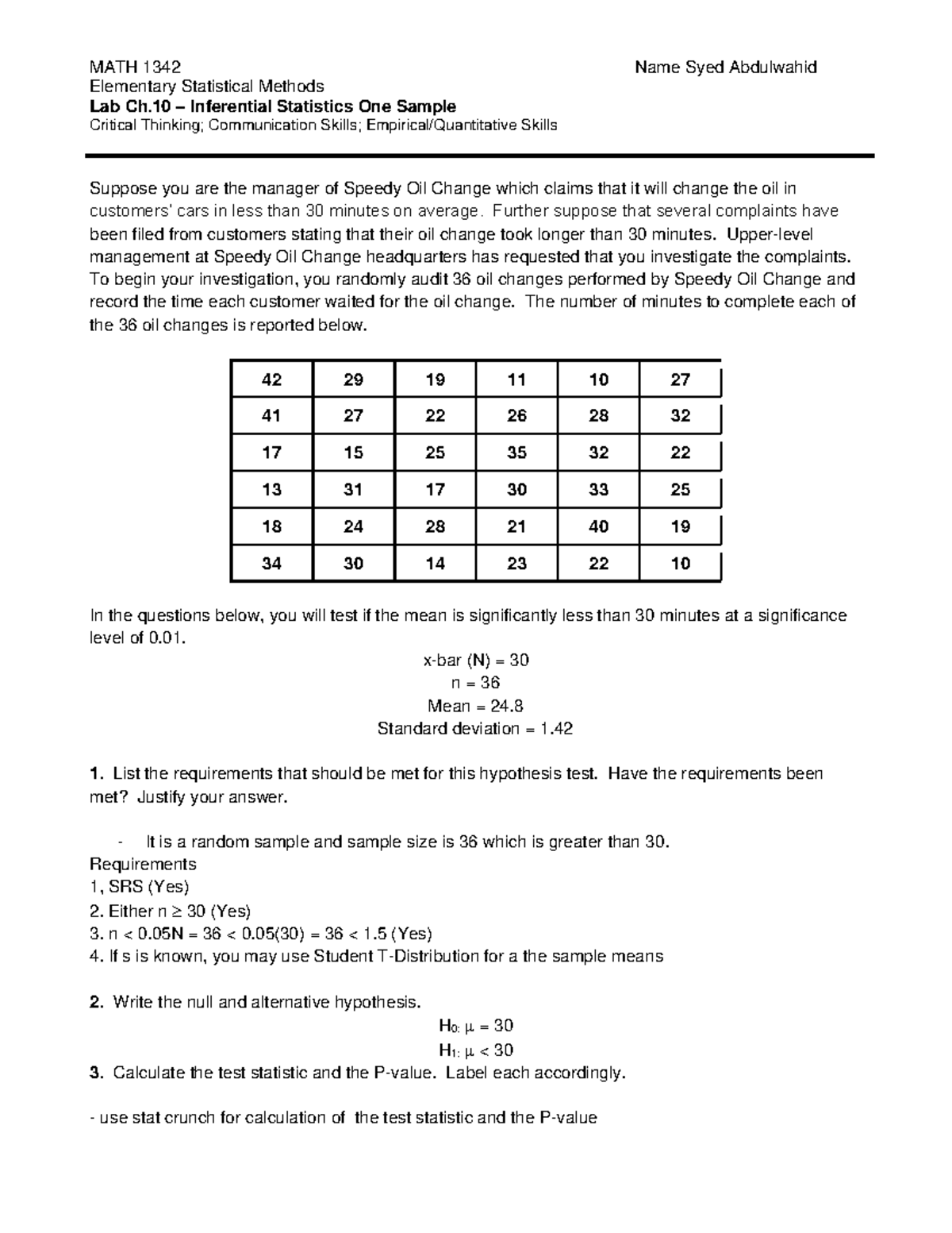 MATH 1342 Lab Ch 9-10 - Analyzing Oil Change Times at Speedy Oil Change ...
