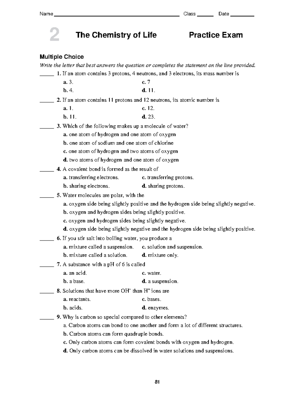 Bio 10 Ch 2 Practice Exam 2012-13 - The Chemistry of Life Practice Exam ...