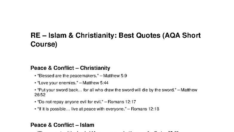 RE Quotes on Peace & Conflict: Islam & Christianity (AQA Short Course ...