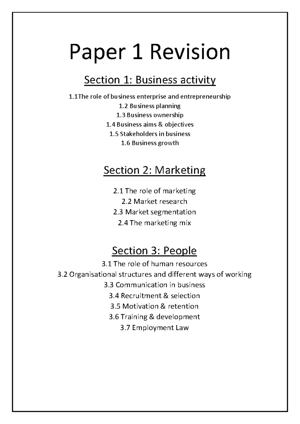 GCSE Business Paper 1 Revision: Key Concepts & Topics Overview - Studocu