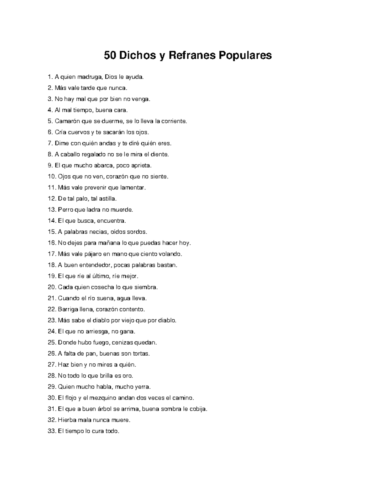 50 Dichos y Refranes Populares en Español - Studocu