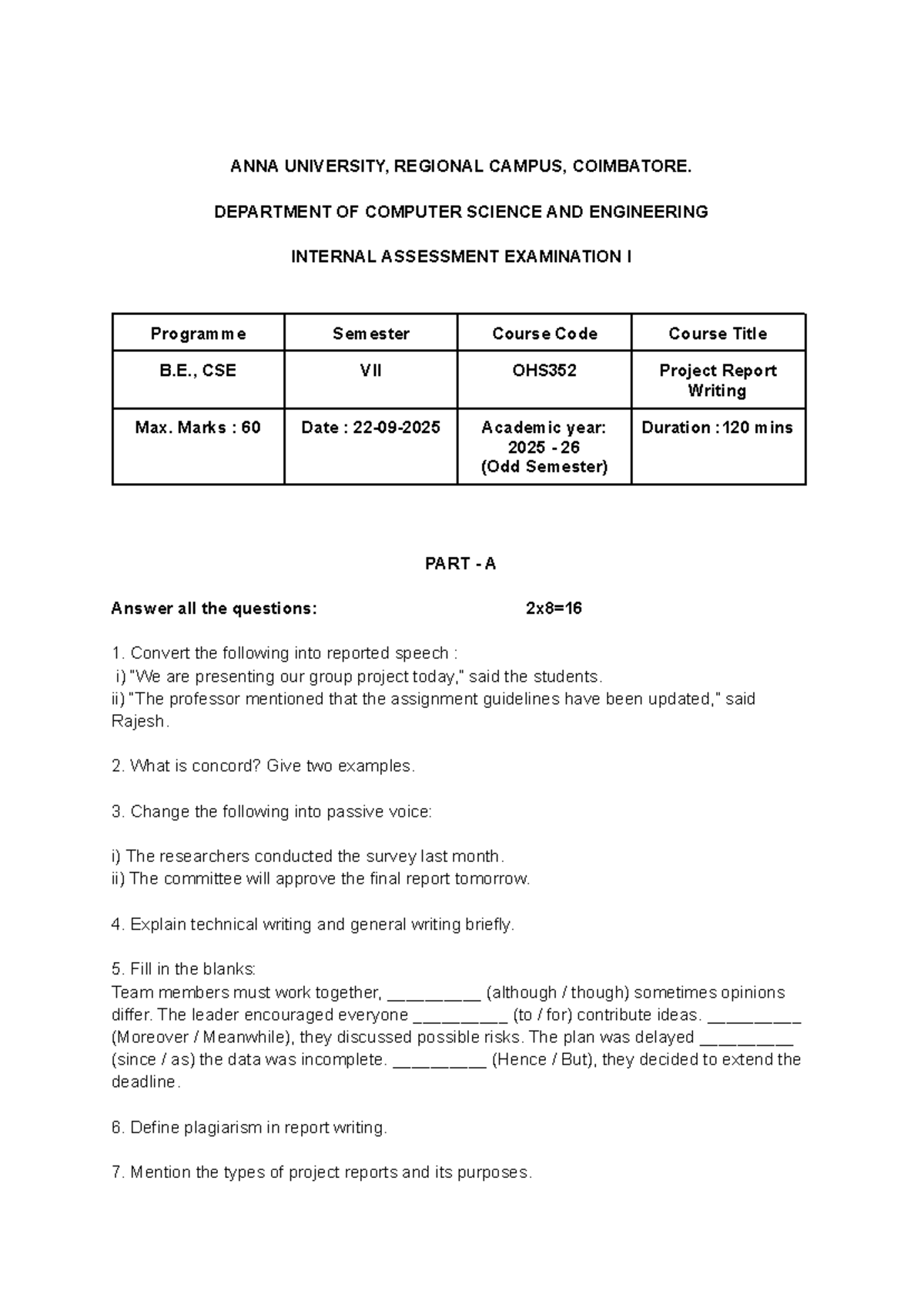 PRW OHS352 Project Report Writing Notes for BE CSE VII Semester - Studocu