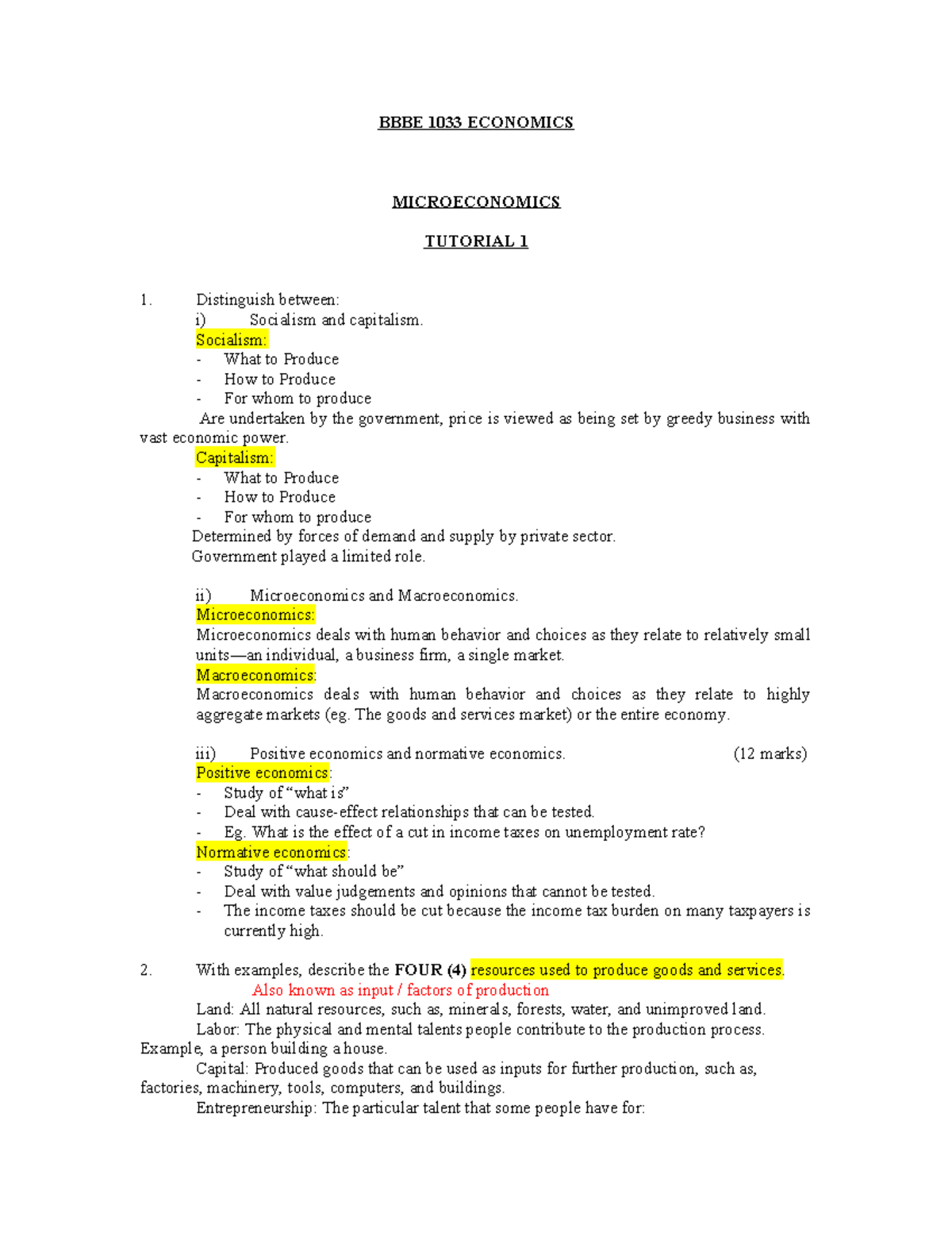 Tutorial 1: Introduction to Microeconomics - BBBE 1033 - Studocu