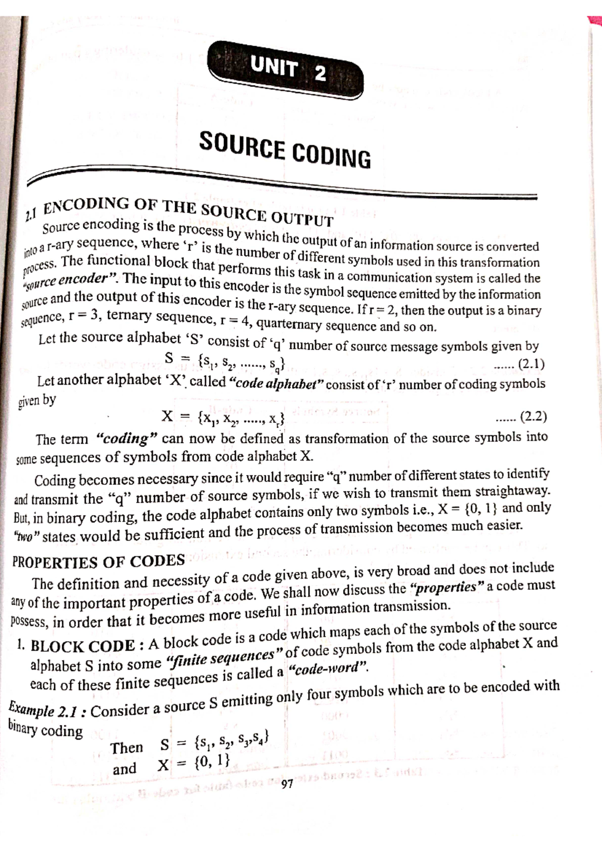 Itc Unit 2 Textbook Unit 2 Source Coding 2 Encoding Of The Source Output Source Sequence