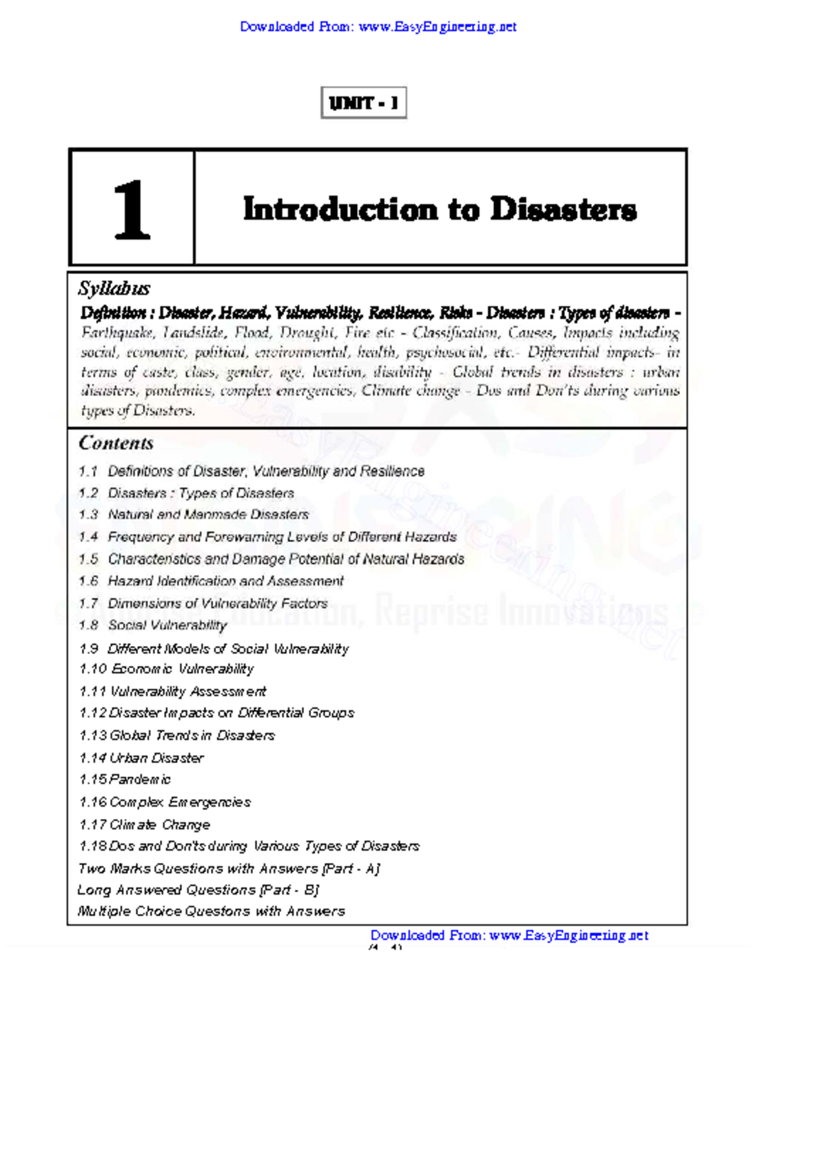 Unit 1 - MX3084 - Comprehensive Notes on Disaster Management Concepts ...