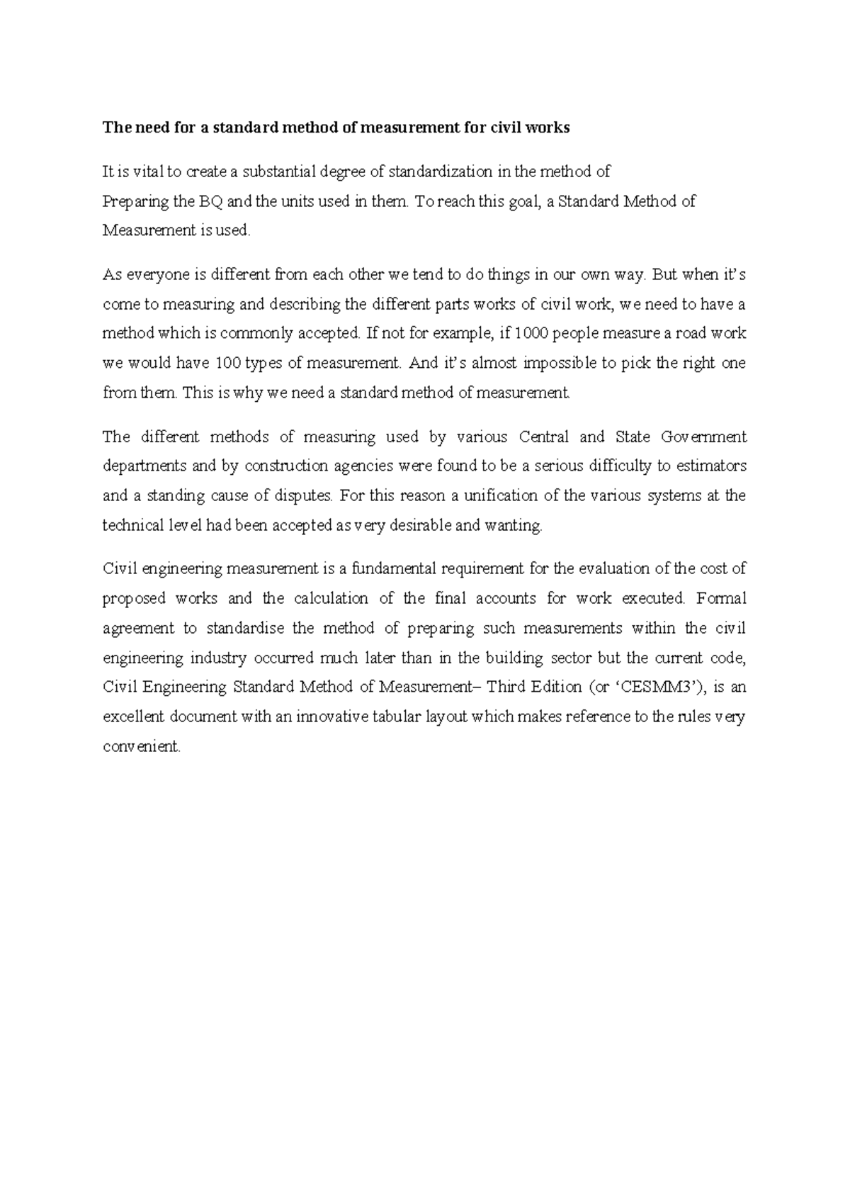 CESMM3 vs SMM7: Standard Measurement Methods in Civil Works - Studocu