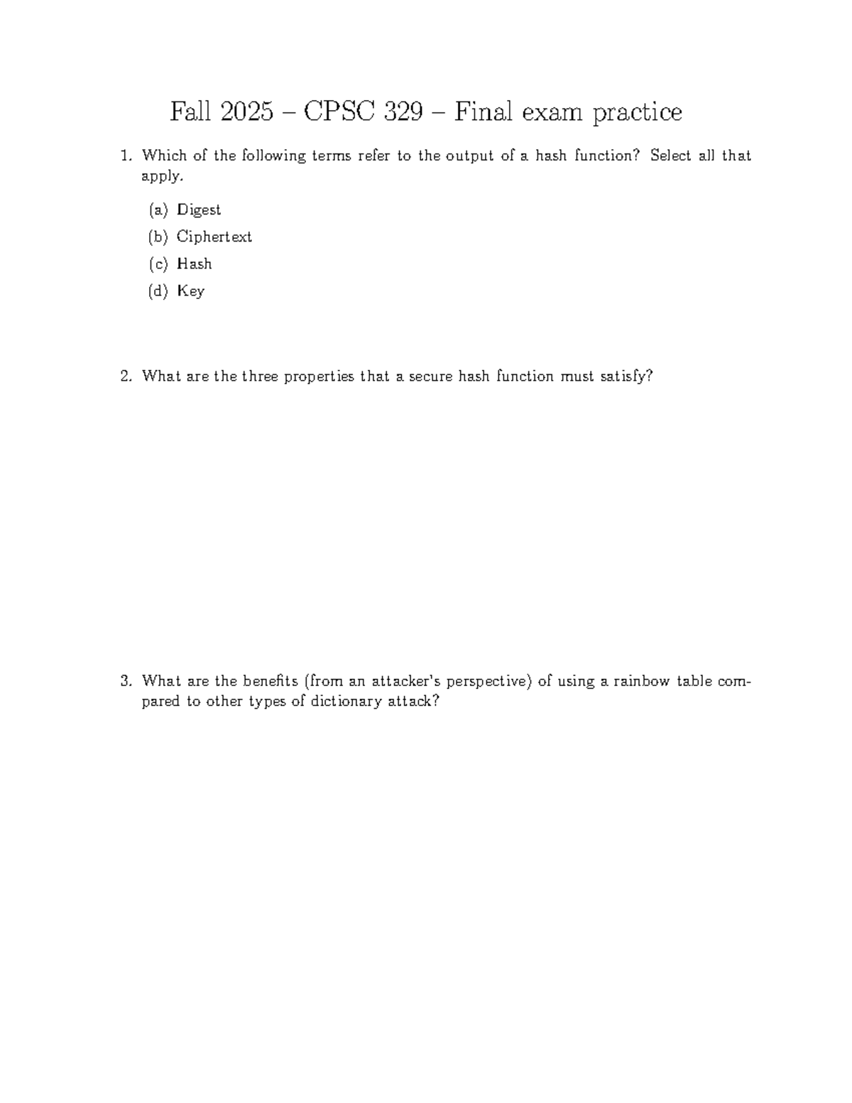 Fall 2025 CPSC 329 Final Exam Practice Questions and Answers - Studocu