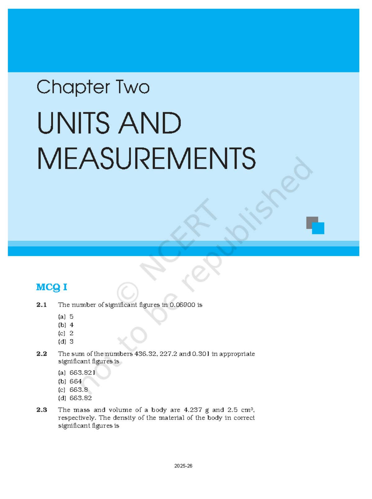 Chapter 2: Units and Measurements MCQs (Keep302) - Studocu