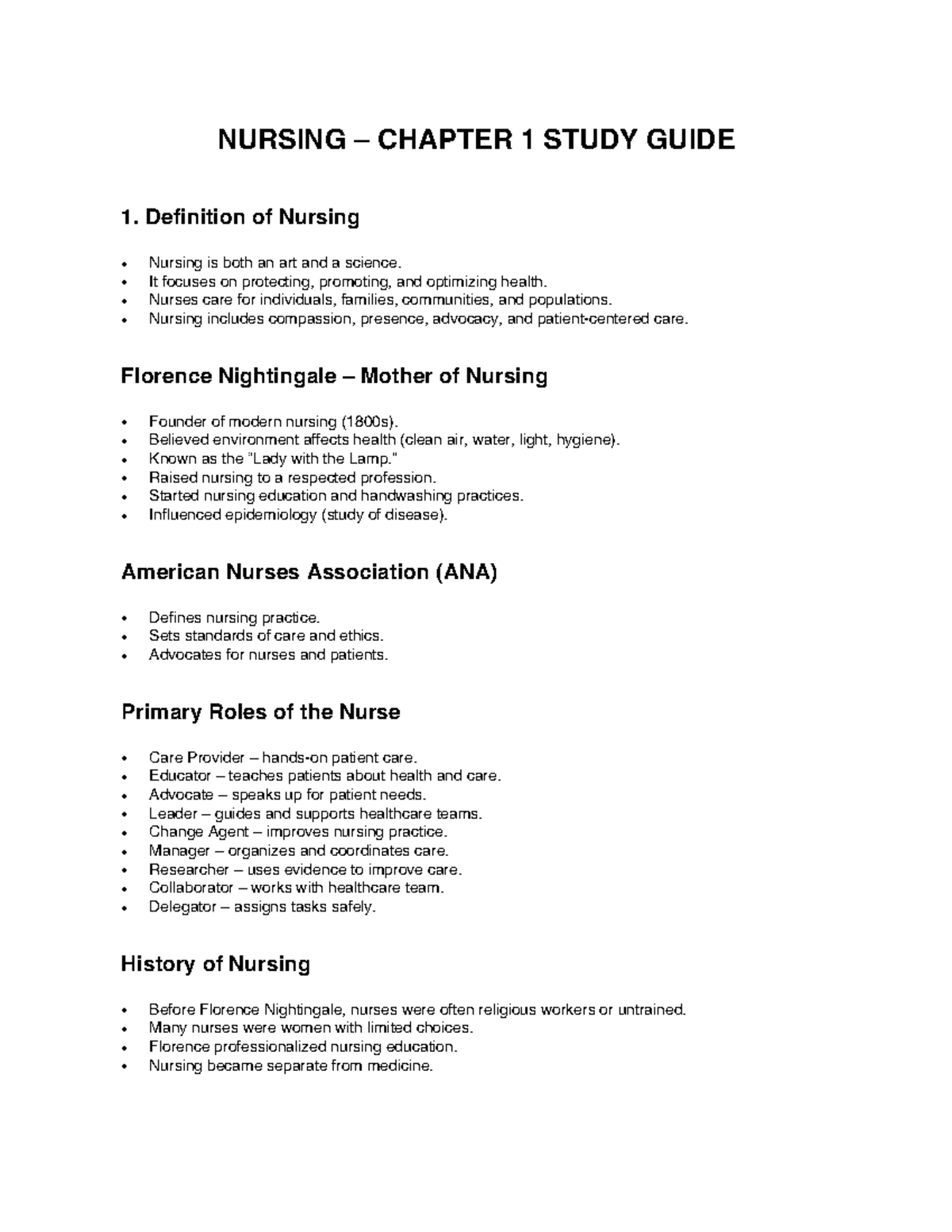 NURS 101: Nursing Chapter 1 Study Guide - Key Concepts & History - Studocu