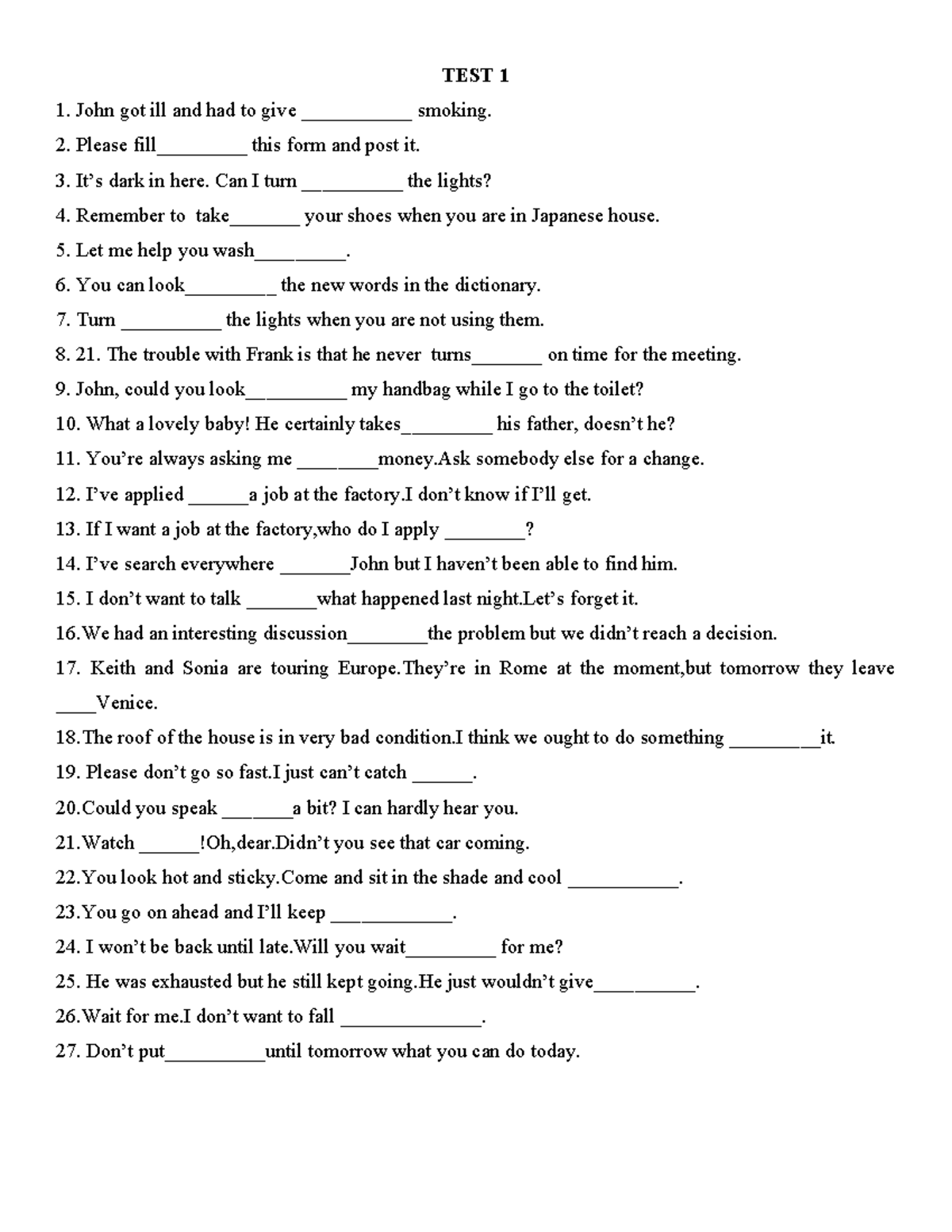 Phrasal Verbs Review - TEST 1 - Ôn tập tiếng anh - Studocu