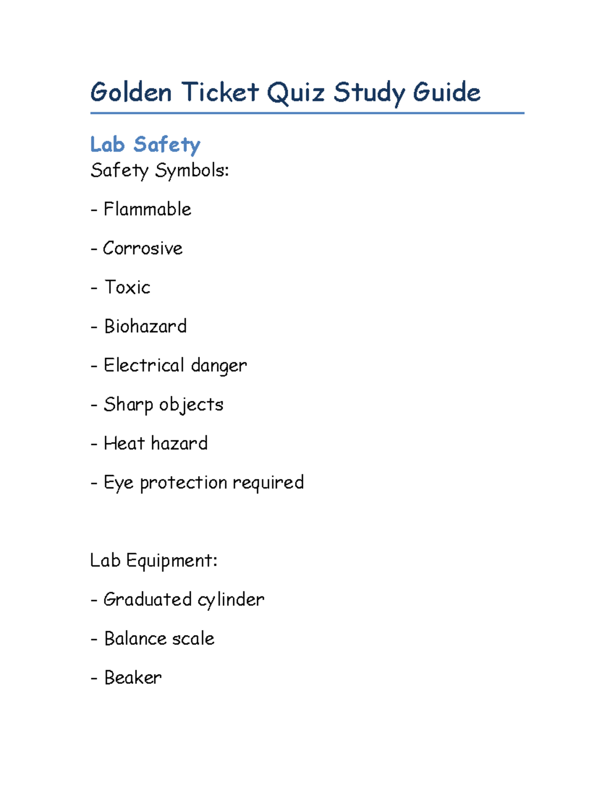 Golden Ticket Quiz Study Guide: Lab Safety & Equipment - Studocu