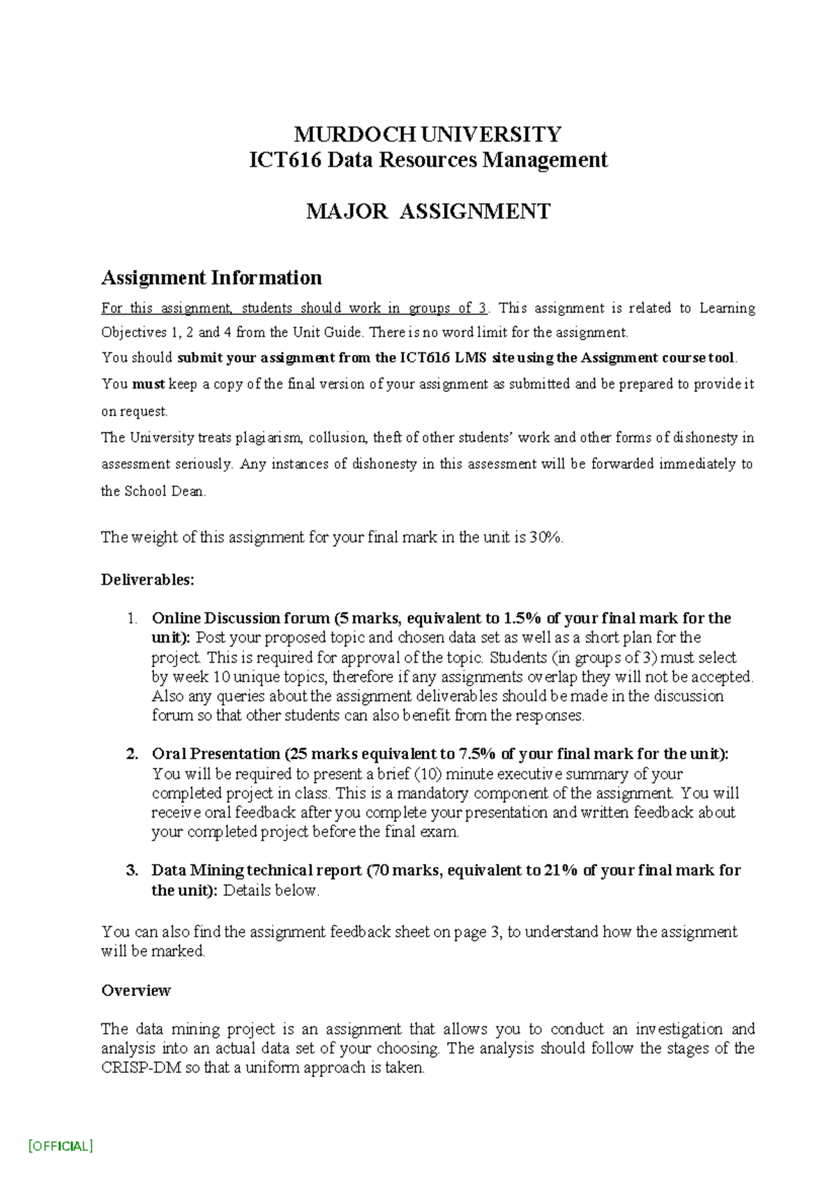 ICT616 Data Resources Management Major Assignment Guidelines - Studocu
