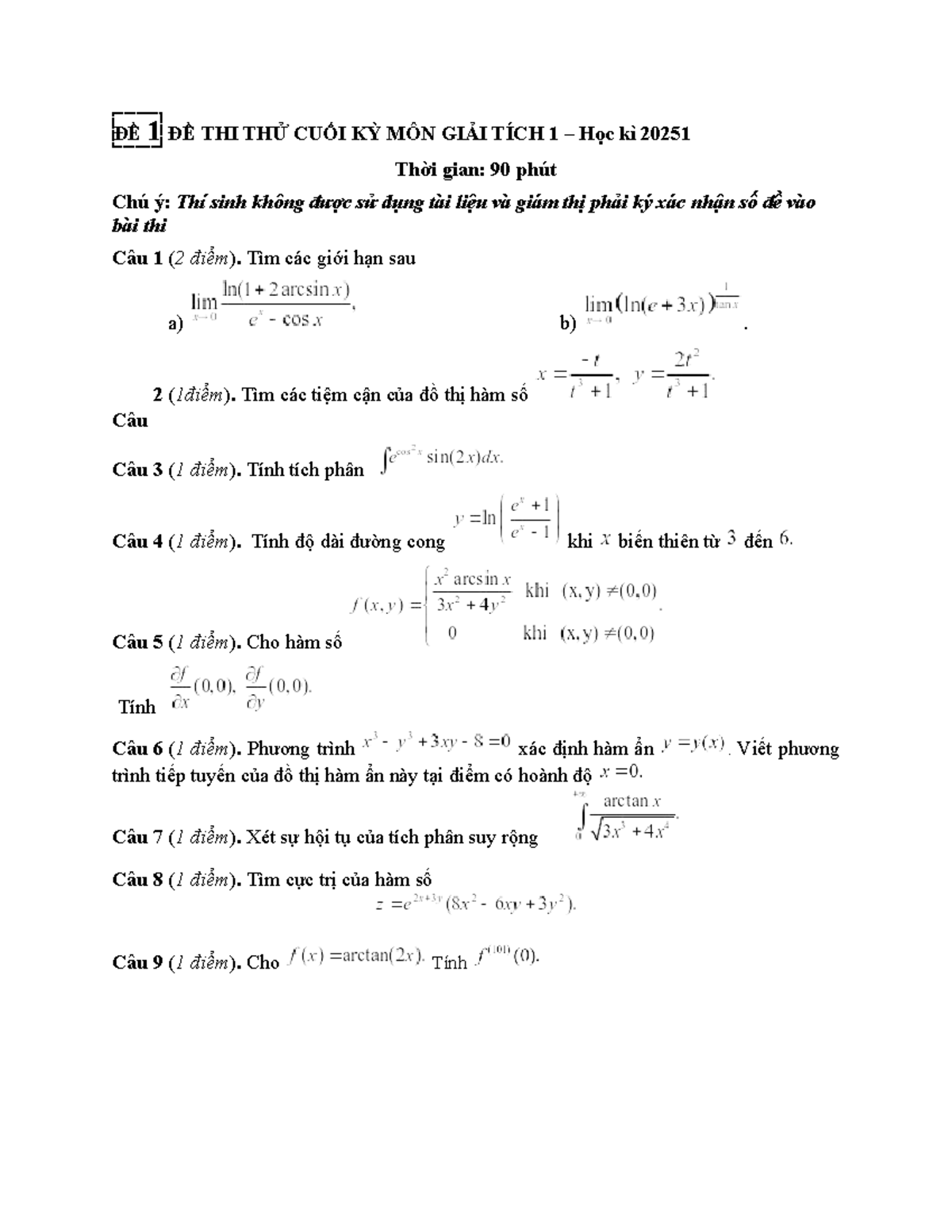 ĐỀ THI THỬ CUỐI KỲ MÔN GIẢI TÍCH 1 - Học Kỳ 2025 - Studocu