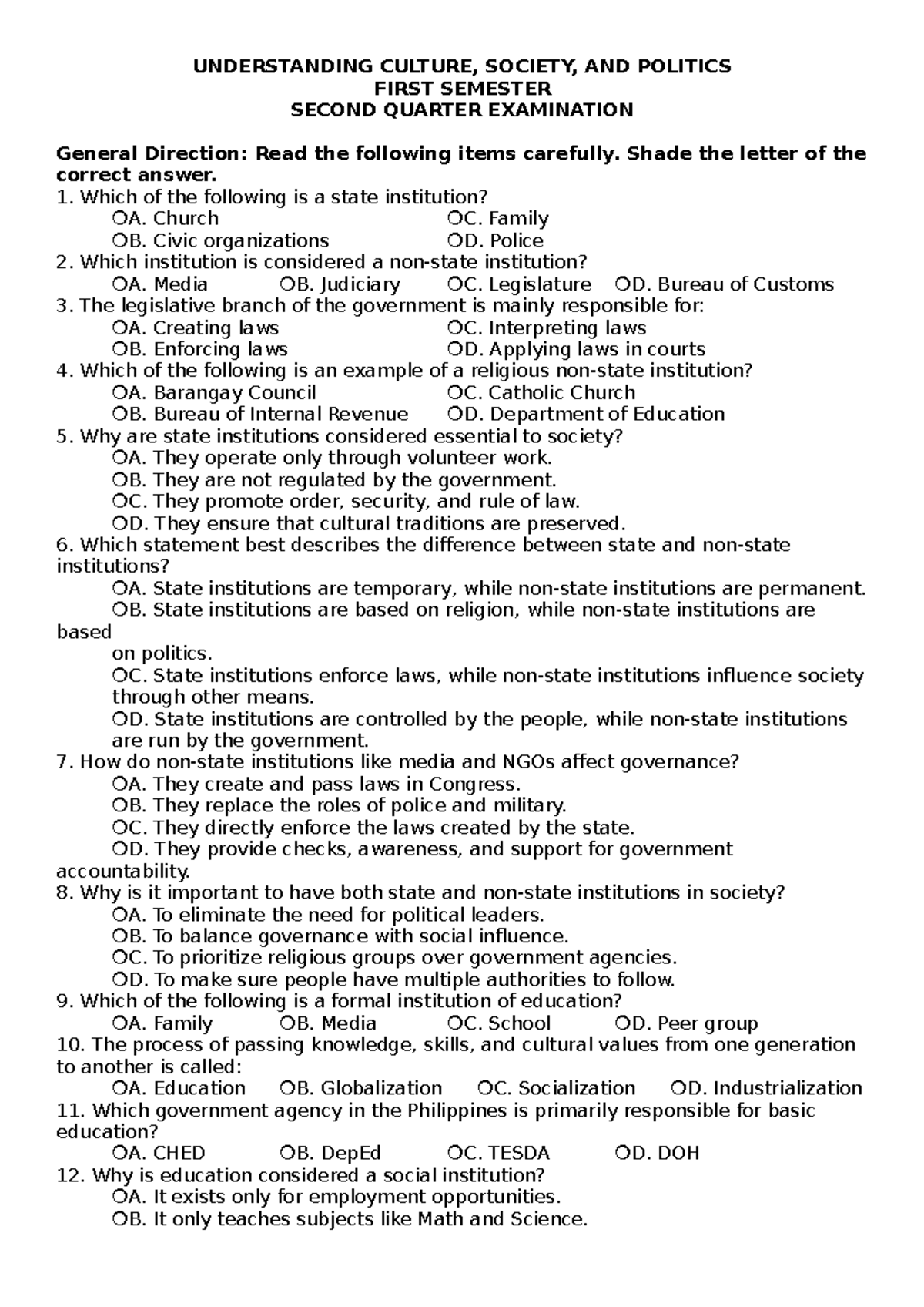 UCSP 1st Sem 2nd Quarter Exam: Culture, Society, and Politics - Studocu