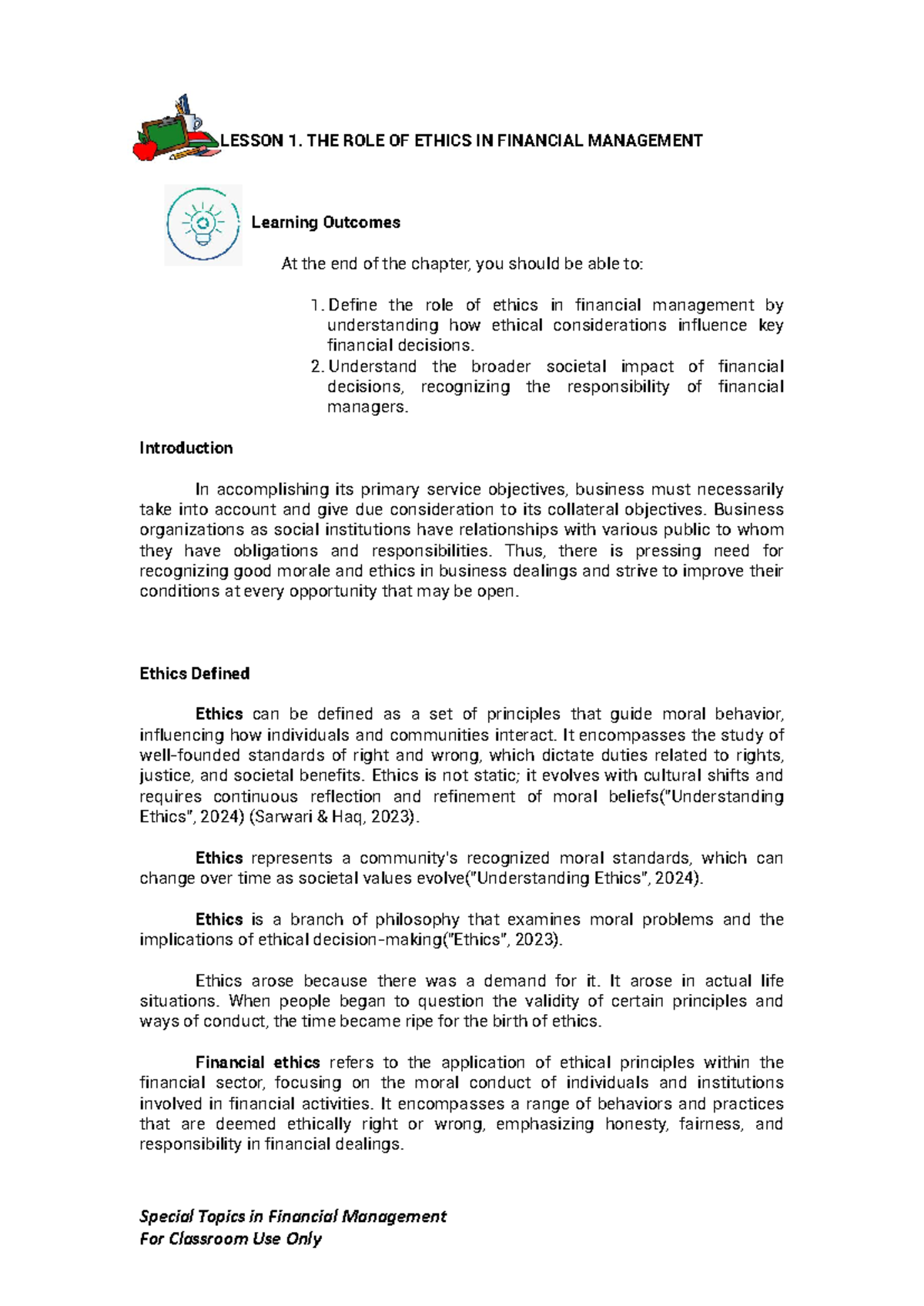 Chapter 1 AND 2 - n/a - Special Topics in Financial Management LESSON 1 ...