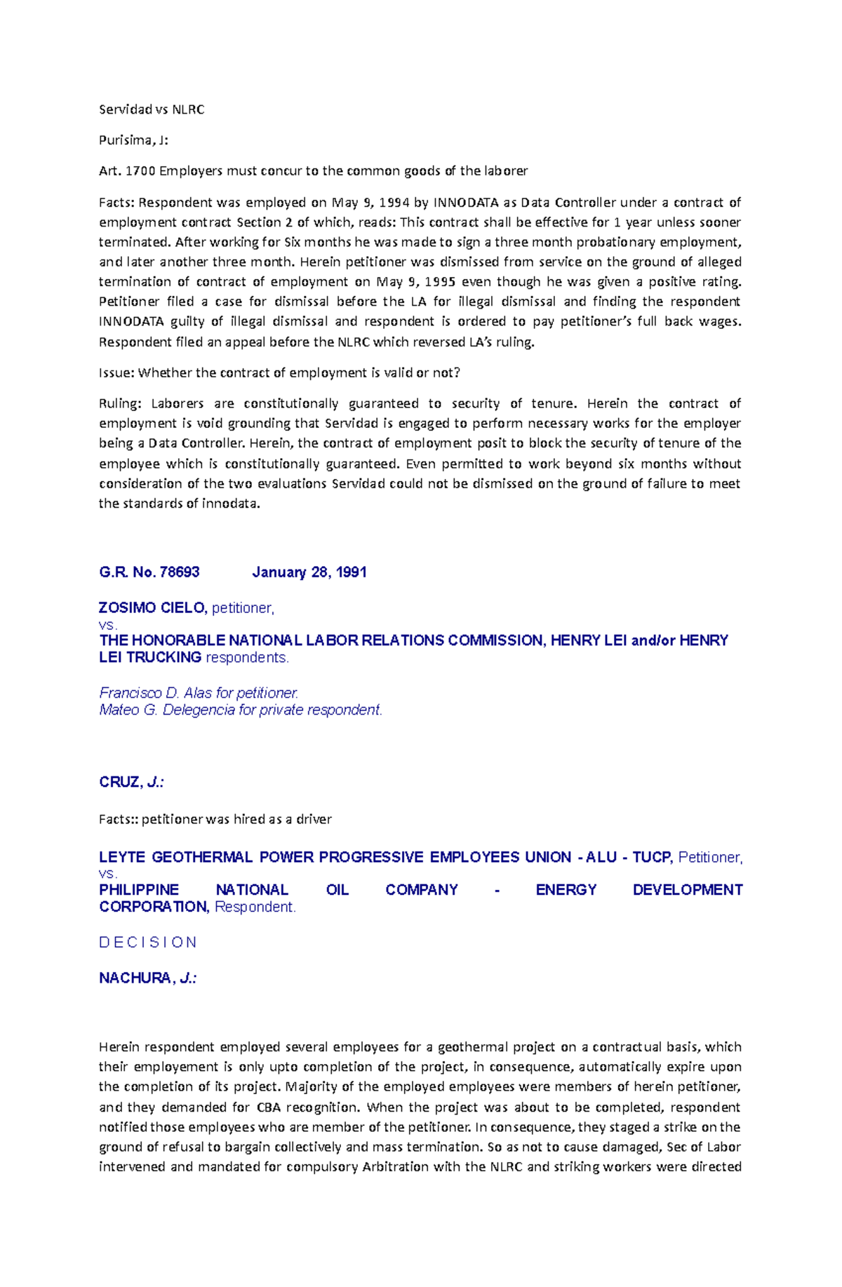 Servidad vs NLRC - Labor Law - Servidad vs NLRC Purisima, J: Art. 1700 ...