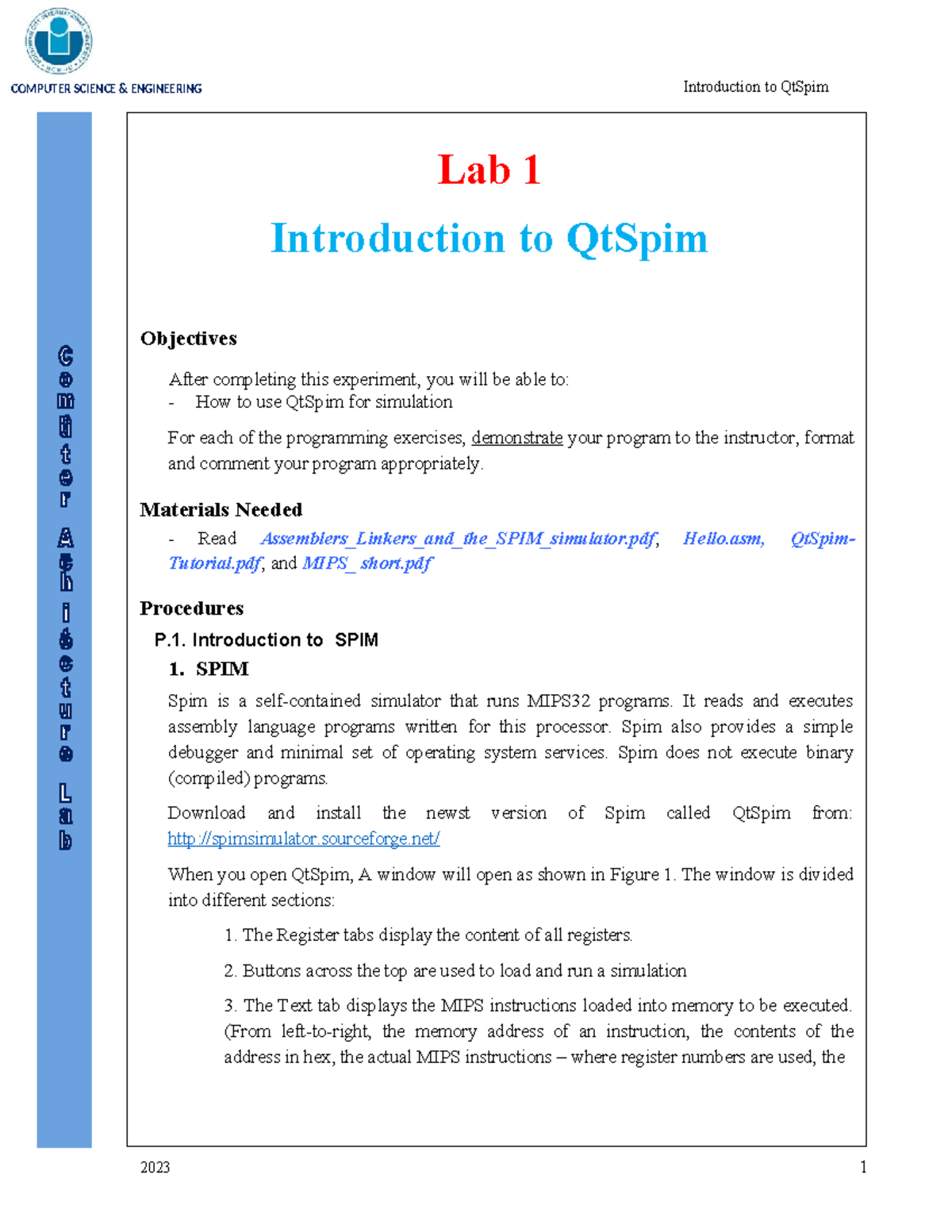 CA Lab1: Introduction to QtSpim and MIPS Assembly Programming - Studocu