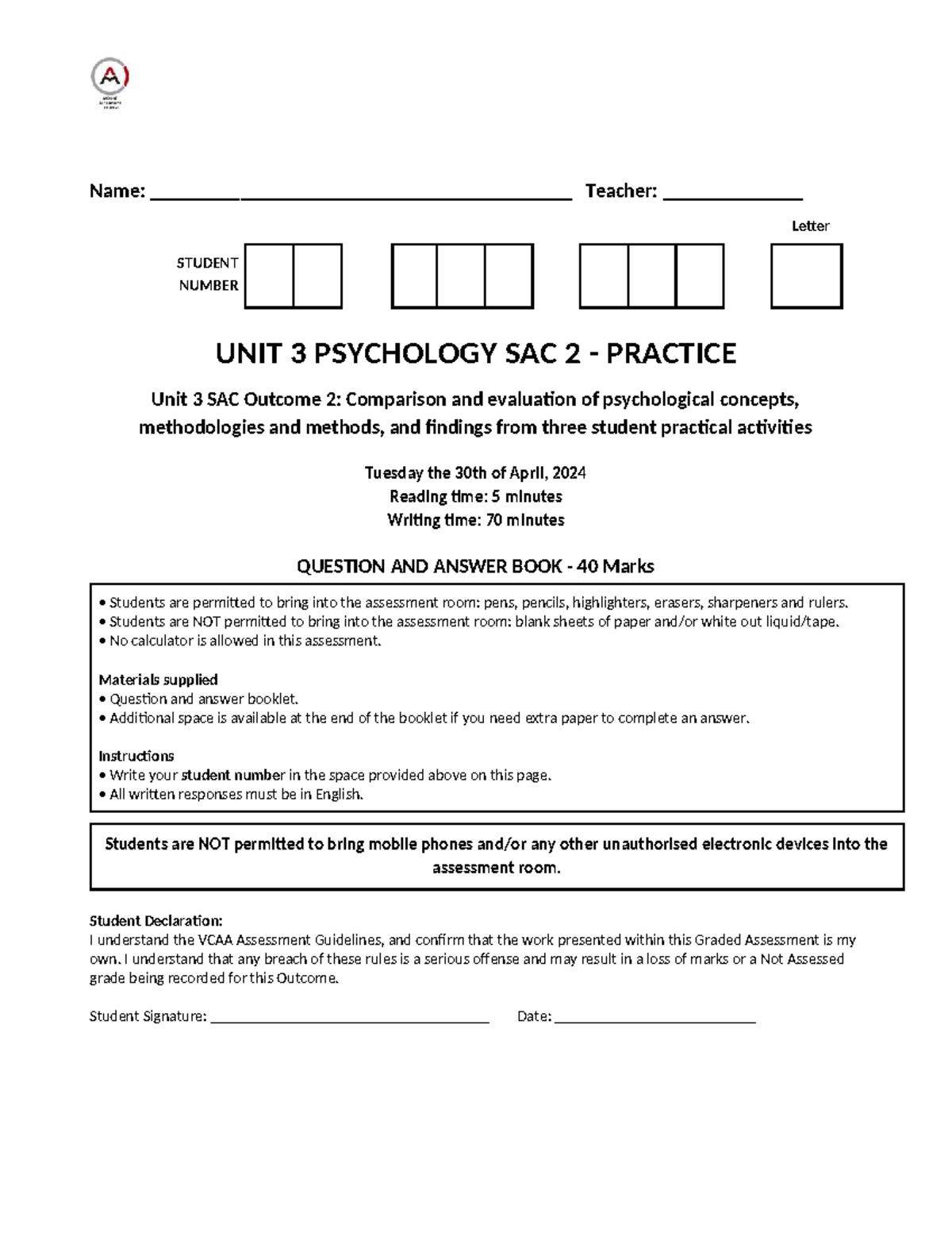 Psych 2024 UNIT 3 AOS 2 - Practice SAC 2 Overview and Activities - Studocu