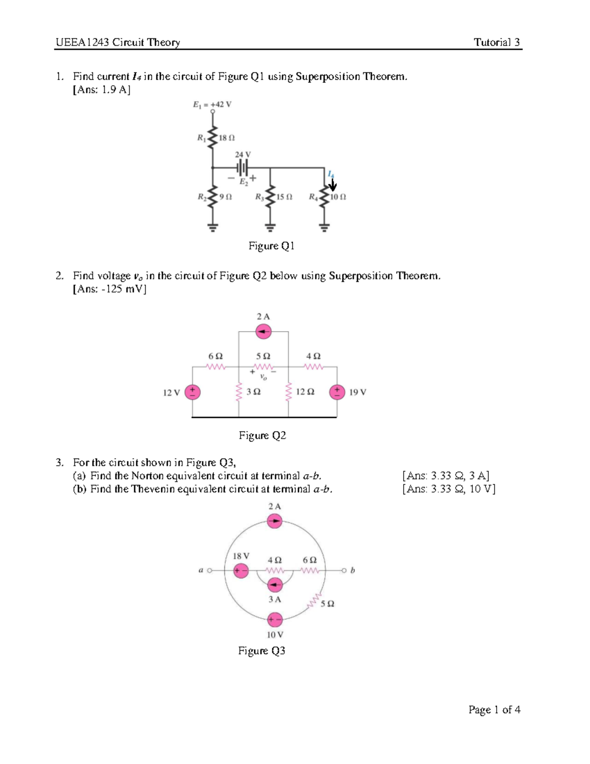 UEEA1243 Circuit Theory Tutorial 3 - Superposition Theorem Exercises - Studocu