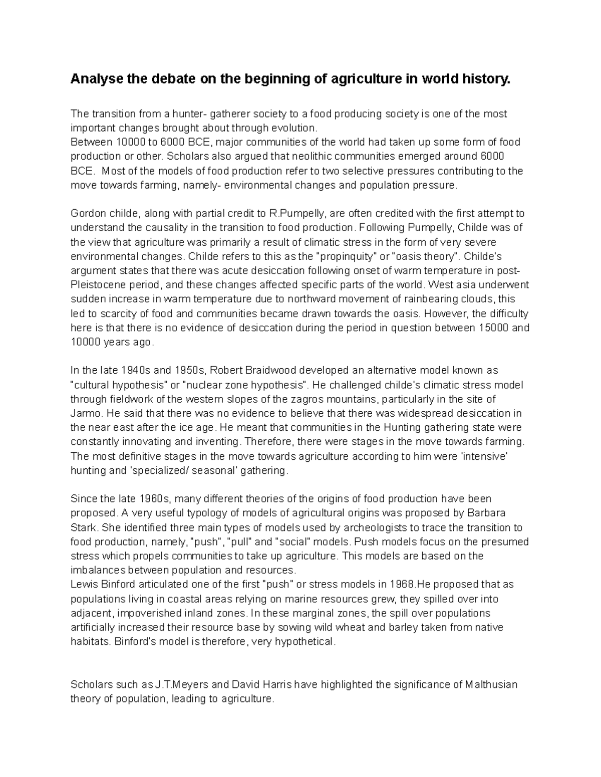 Debate on Neolithic Agriculture Origins: Key Arguments & Models - Studocu