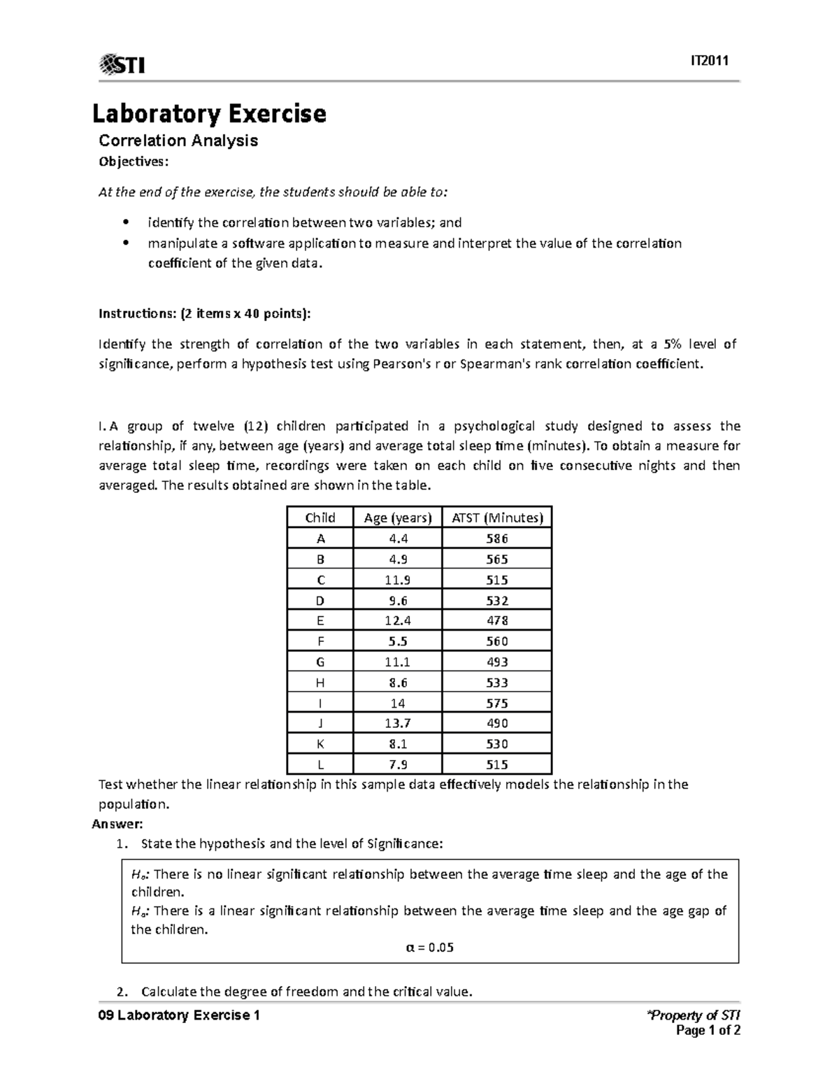 09 Laboratory Exercise 14: Correlation Analysis in Psychology Studies - Studocu