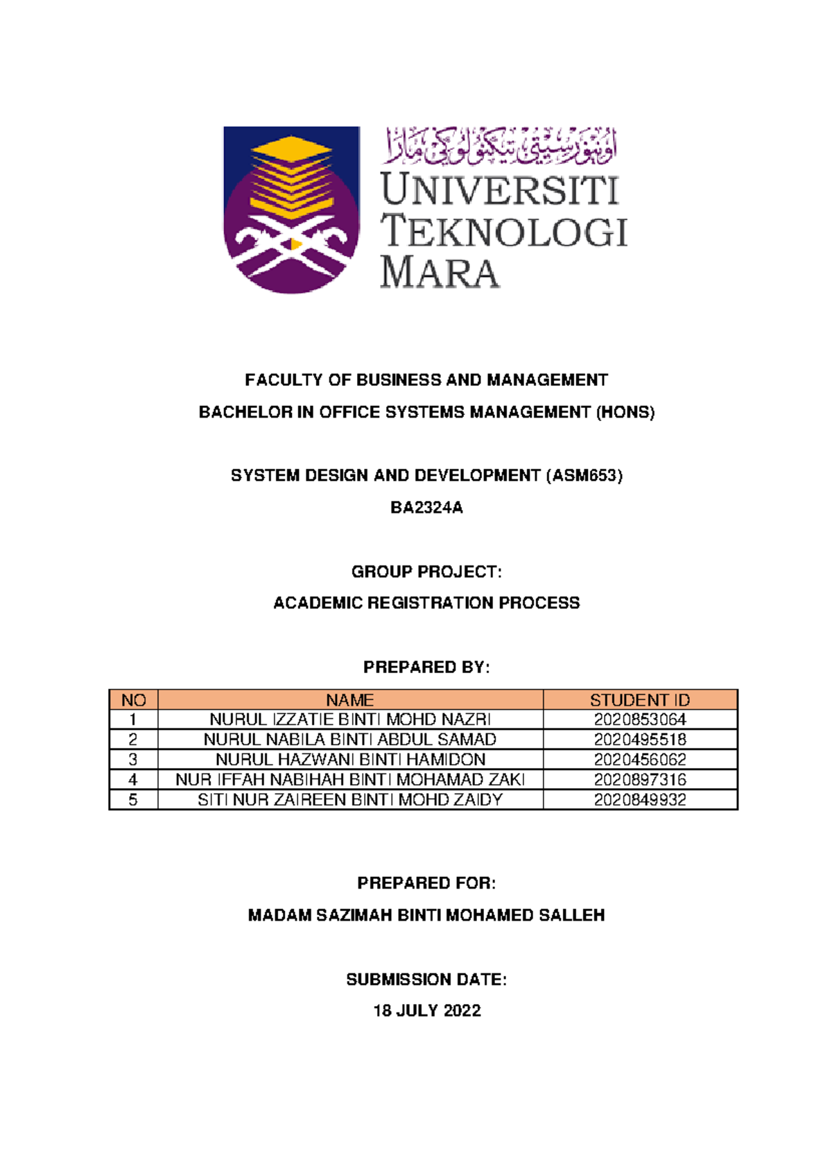 ASM653 Group Project Report - FACULTY OF BUSINESS AND MANAGEMENT BACHELOR IN OFFICE SYSTEMS ...