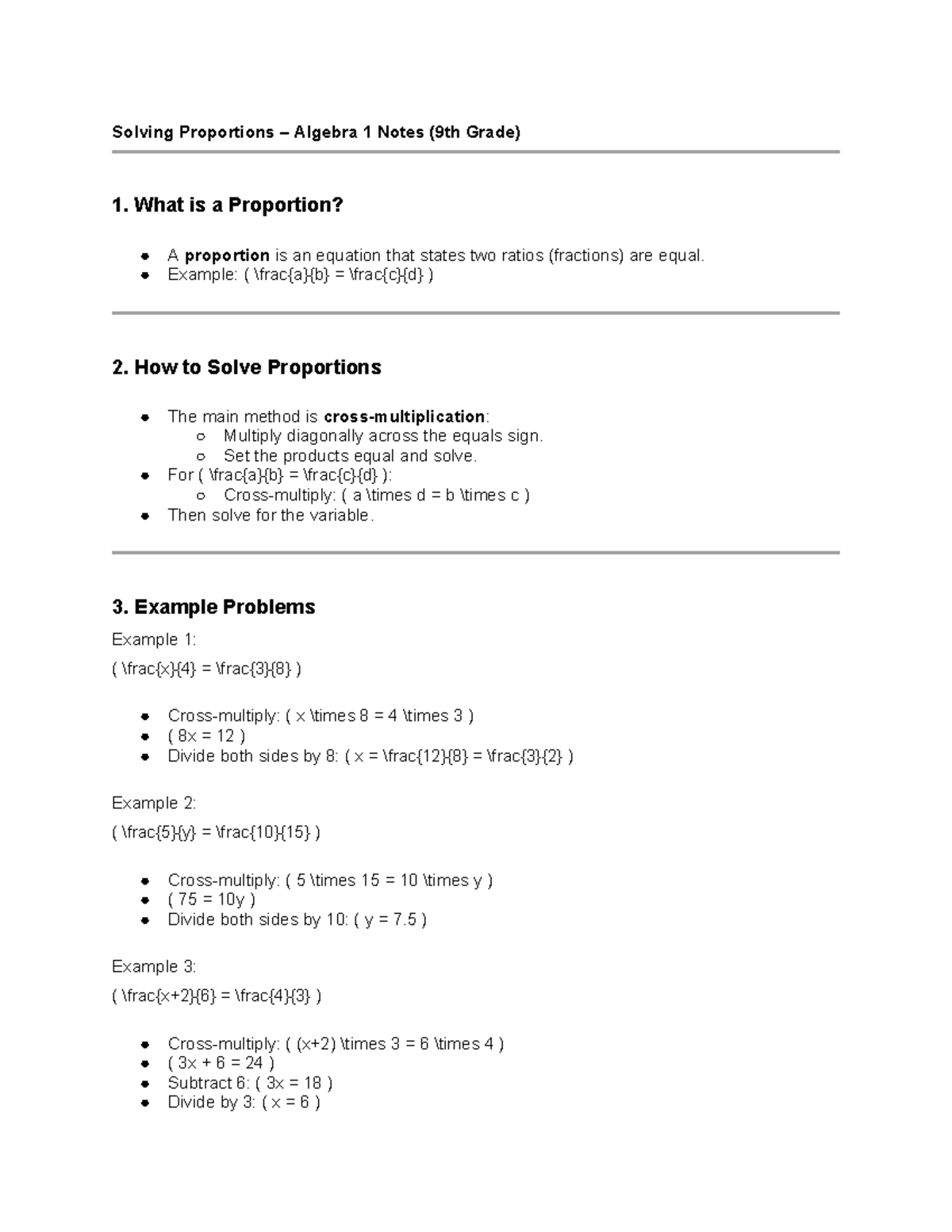 Algebra 1: Solving Proportions Notes (9th Grade) - Studocu