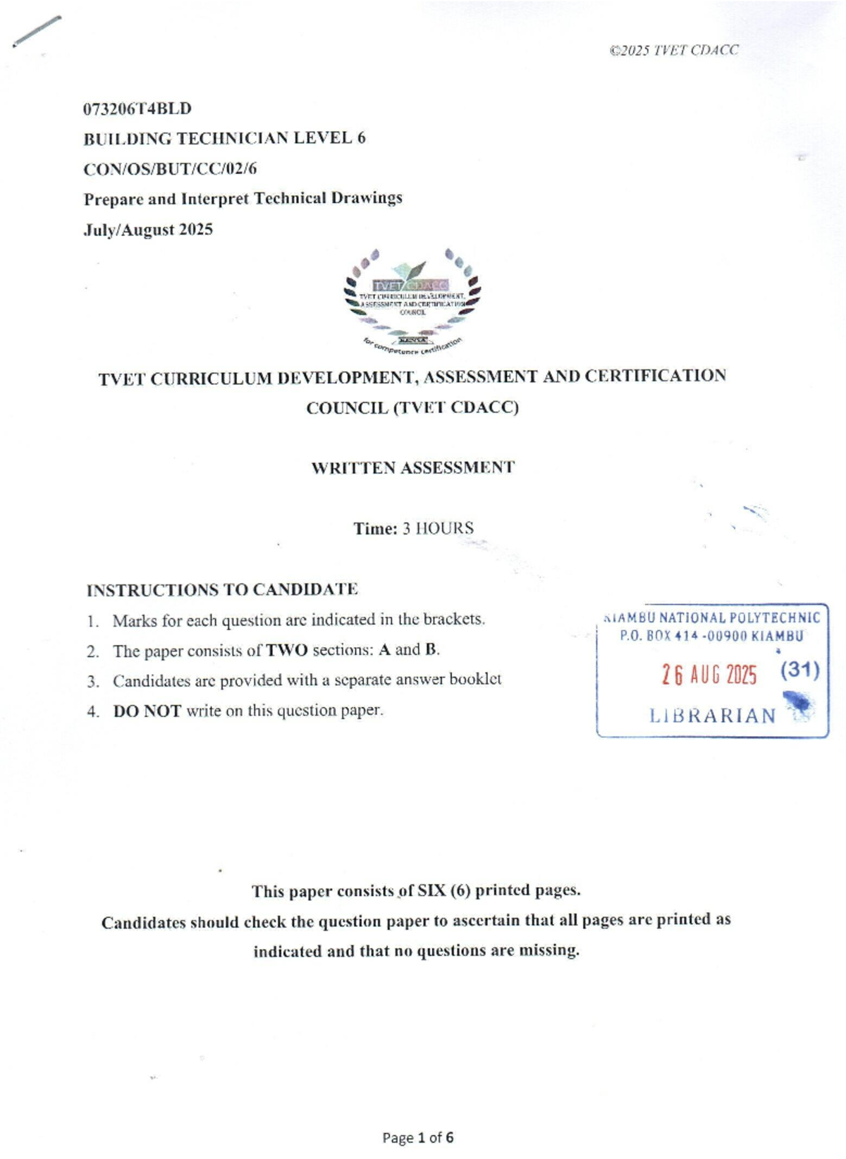 TVET CDACC 073206T4BLD Building Technician Level 6 Past Paper 2025 ...