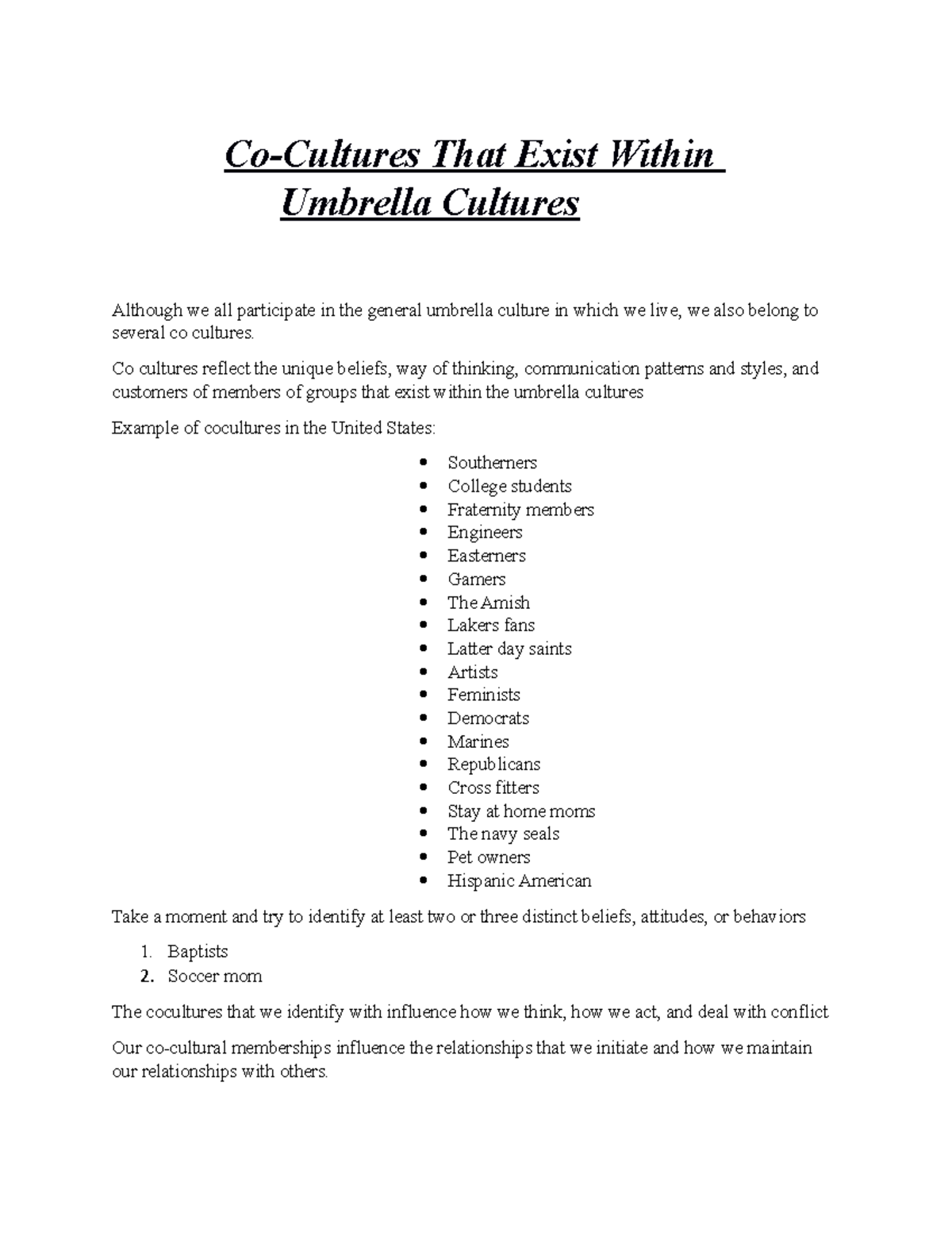 Co-Cultures That Exist Within Umbrella Cultures - Co-Cultures That ...